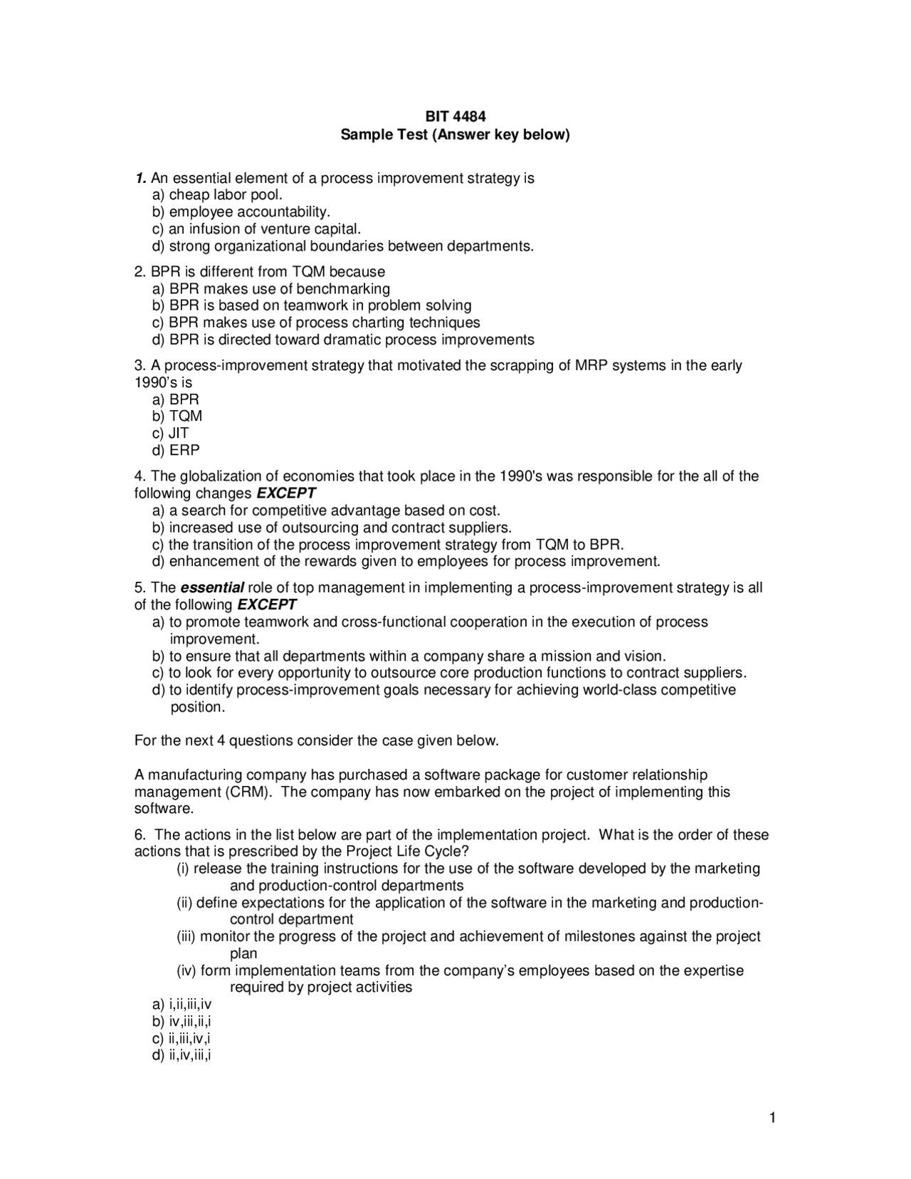 Sample Test with Answer Key for Project Management | BIT 4484 - Docsity