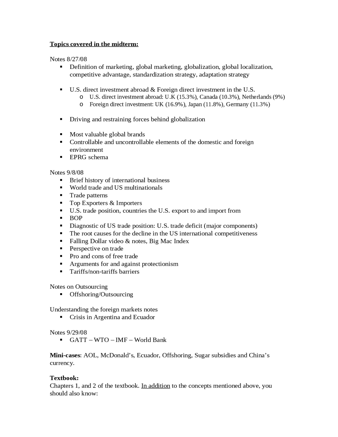 Topics For Midterm Exam International Marketing Mktg 4704 Docsity