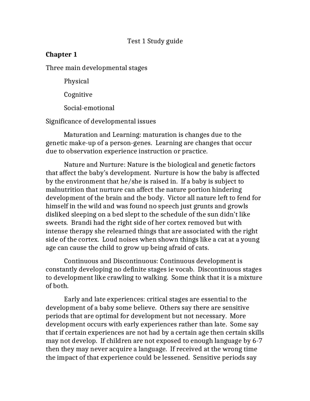 Human Development I - Test 1 Study Guide | HD 1004 - Docsity