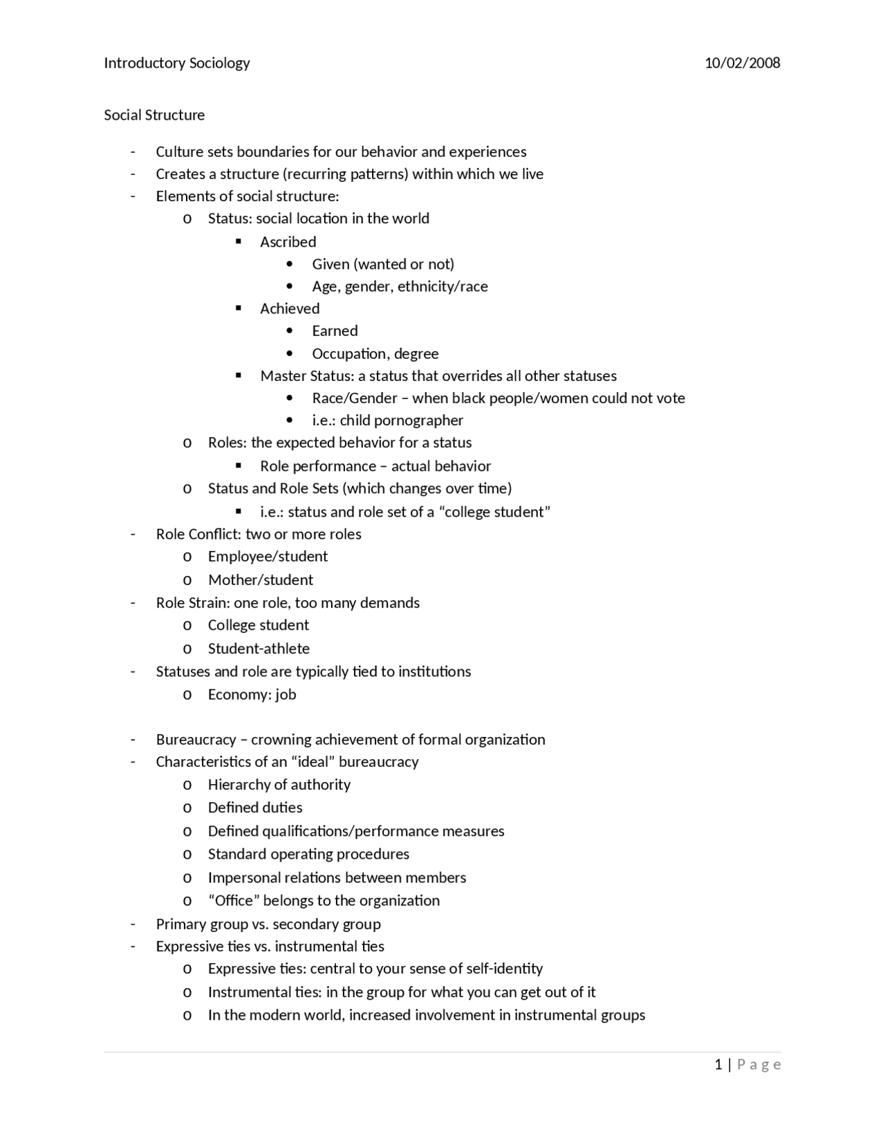 Class Notes For Introductory Sociology Soc 1004 Docsity