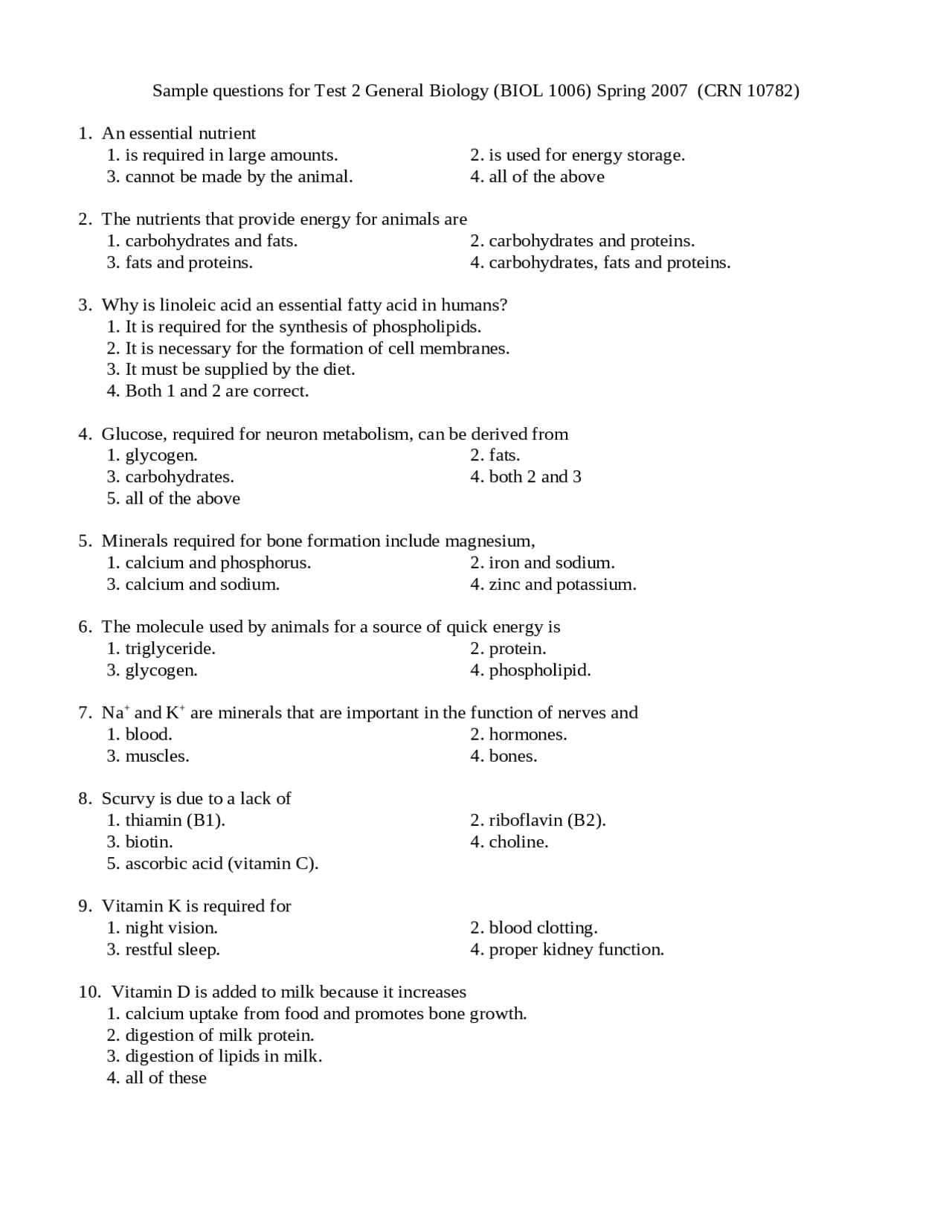 Sample Questions for Test 2 - General Biology | BIOL 1006 | Exams ...