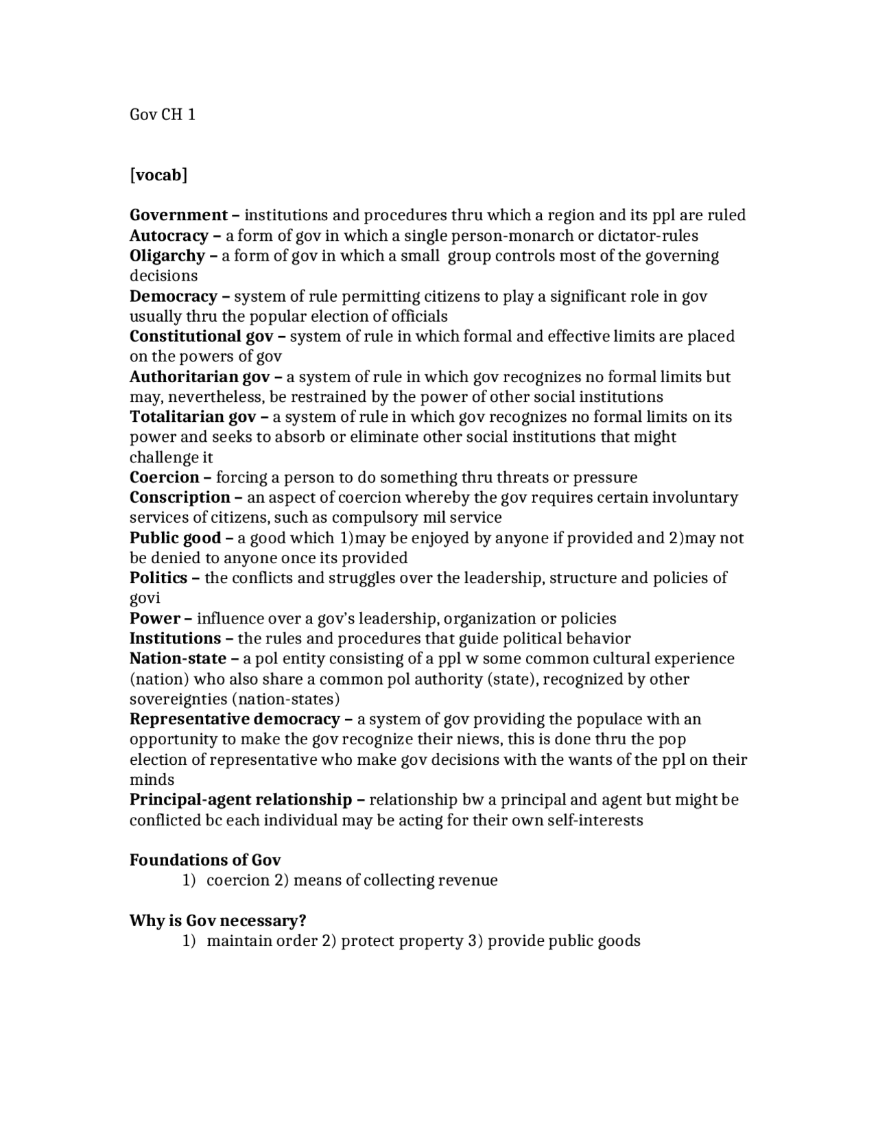 Us Government And Politics Notes For Chapter 1 Psci 1014 Docsity