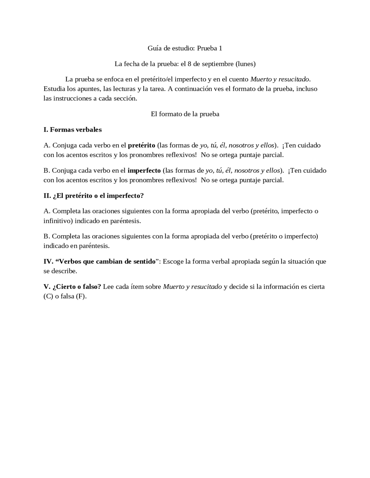 Guía de Estudio: Prueba 1 - Pretérito y Imperfecto | Study notes ...