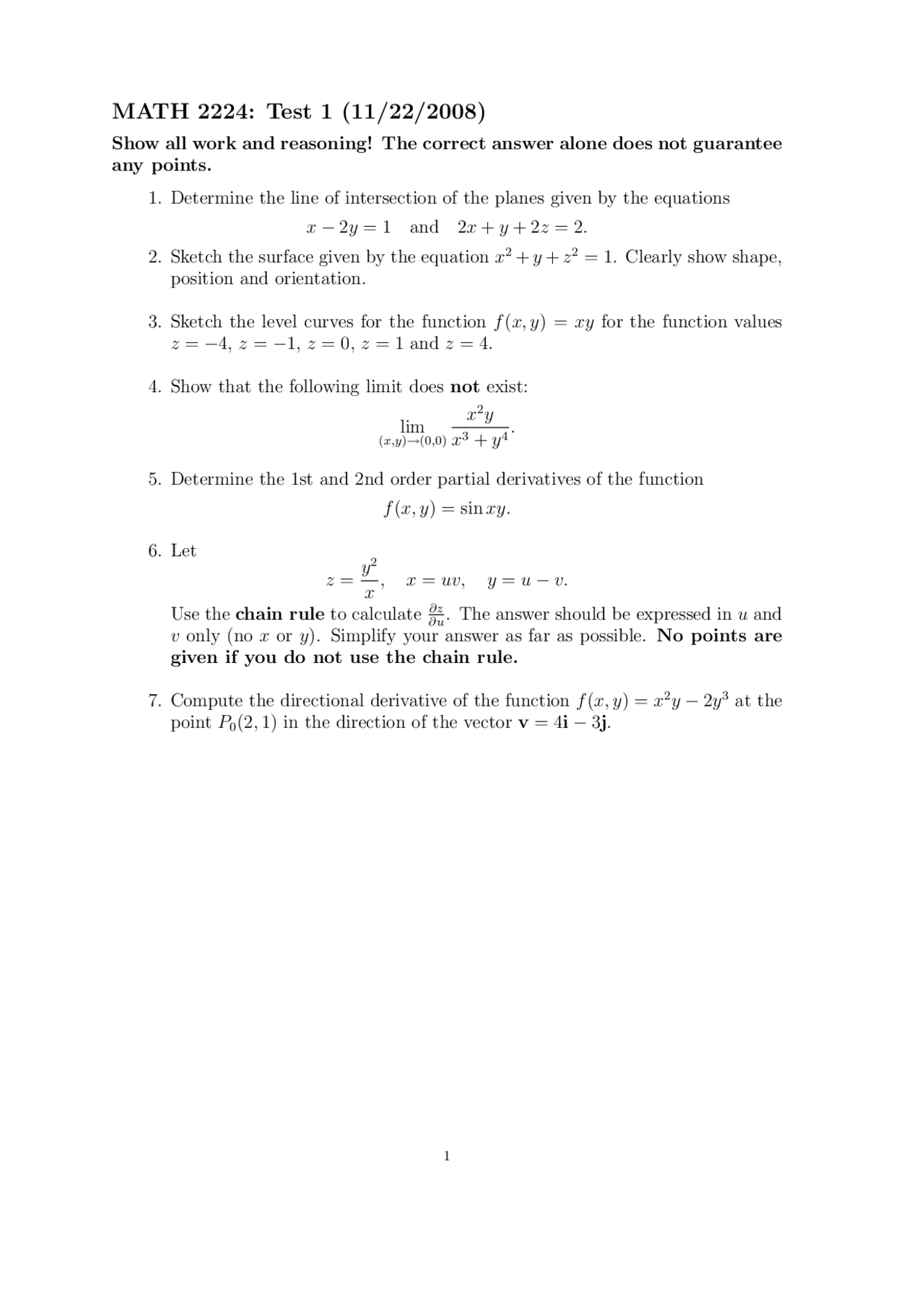 Multivariable Calculus Test 1 Seven Exercises With Solutions Math