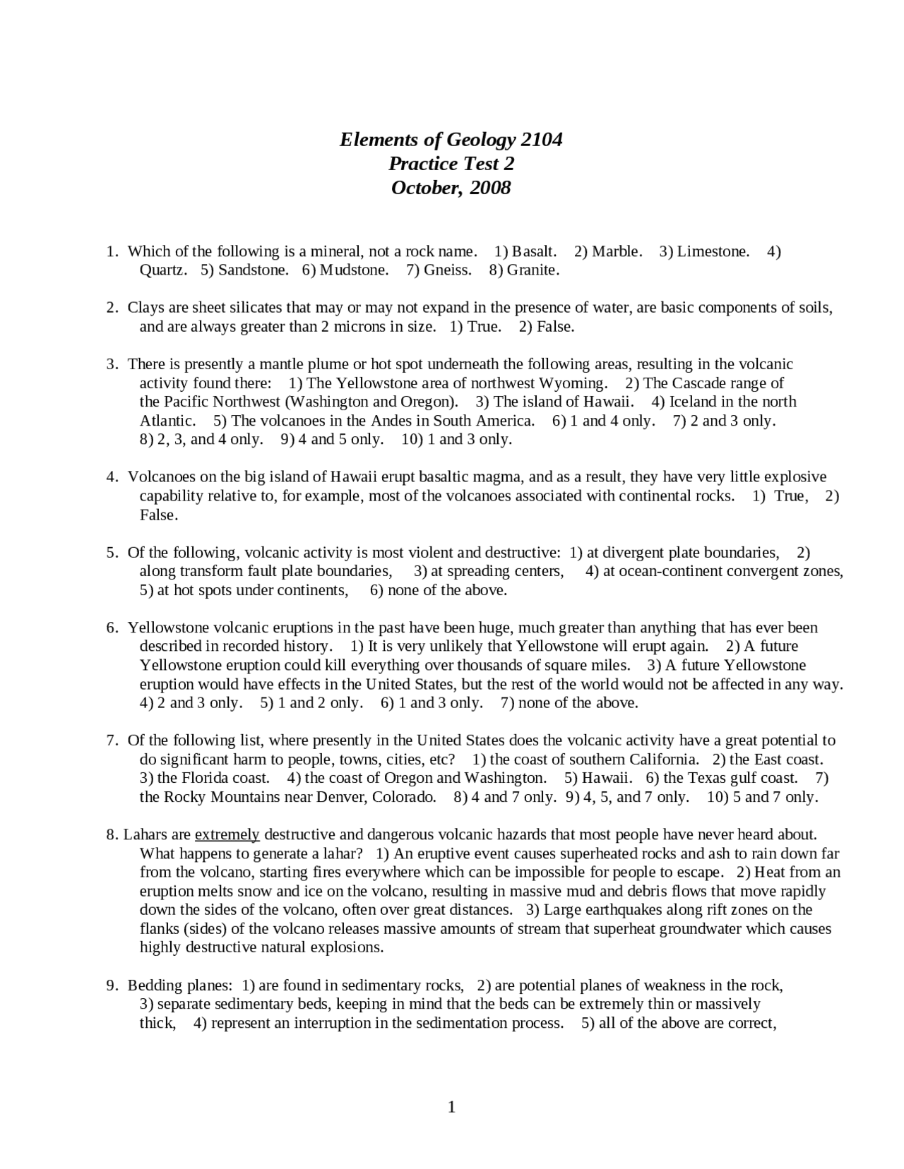 Practice Test 2 Elements Of Geology Geos 2104 Docsity