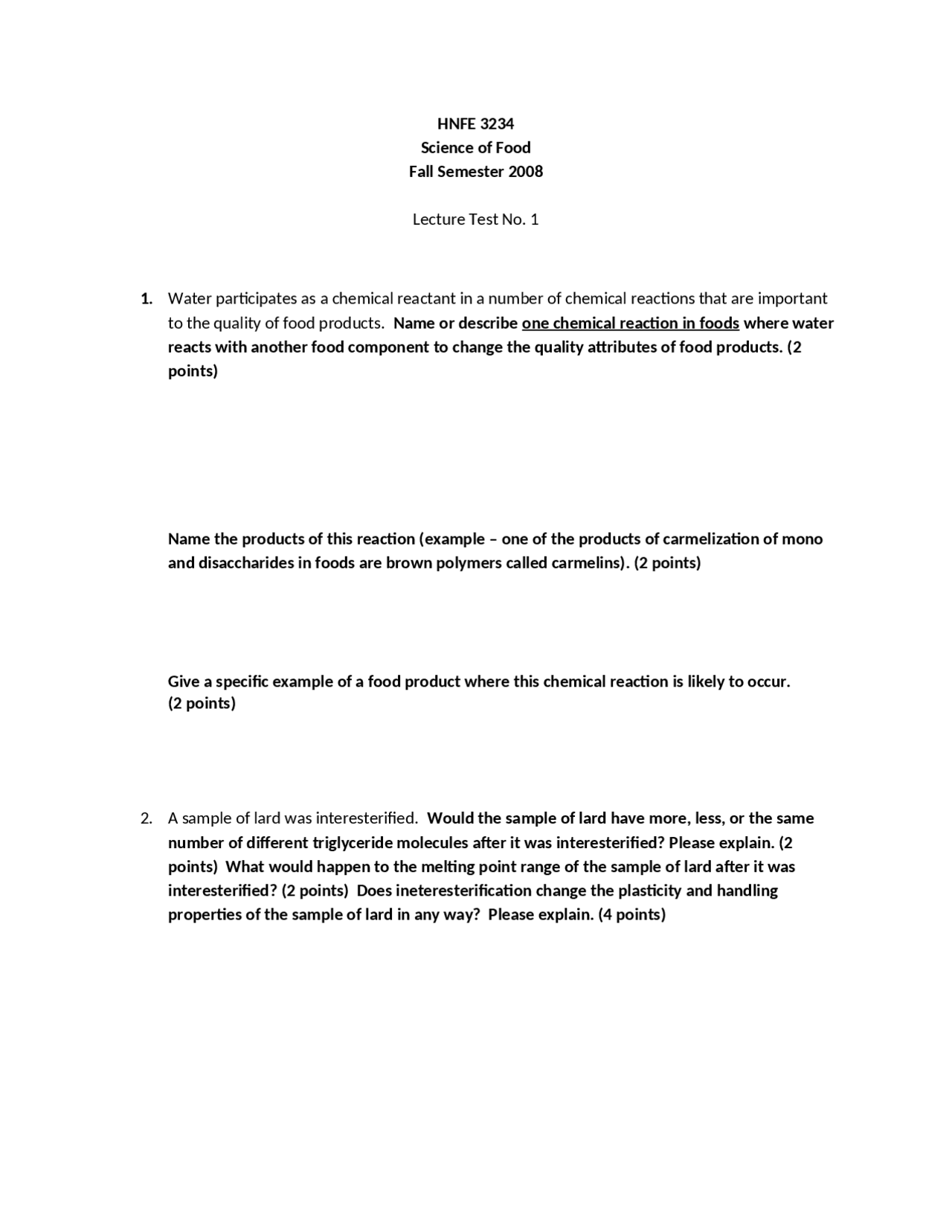 Food Science Lecture Test: Fall Semester 2008 (HNFE 3234) - Prof ...