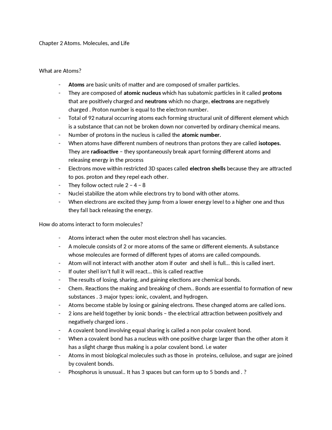Notes On Atoms Molecules And Life General Biology Biol 1005 Docsity