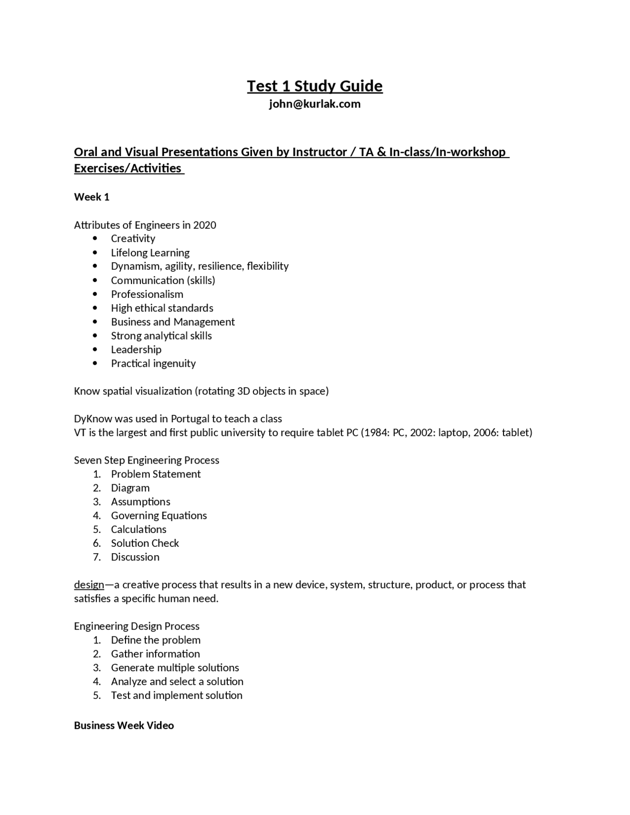 Test 1 Study Guide on Engineering Exploration | ENGE 1024 - Docsity