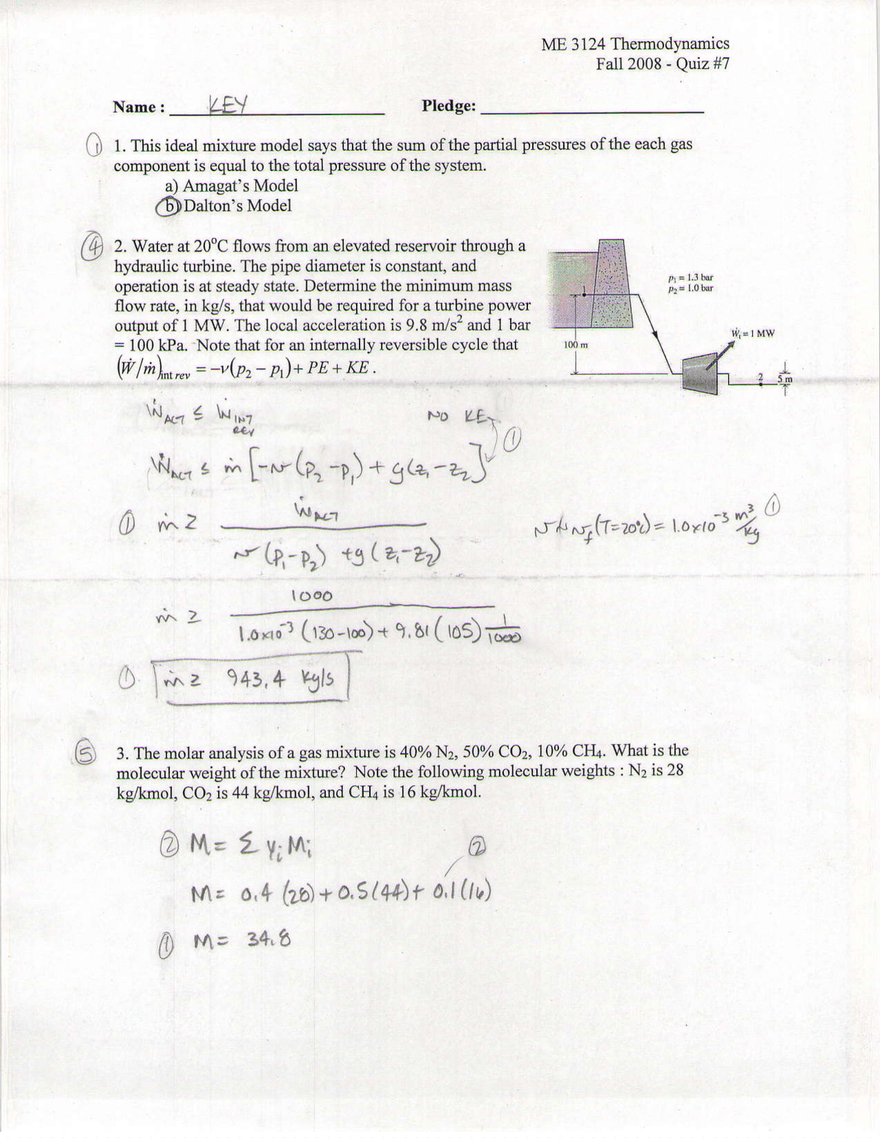 Quiz 7 With Answer Key Thermodynamics Me 3124 Quizzes