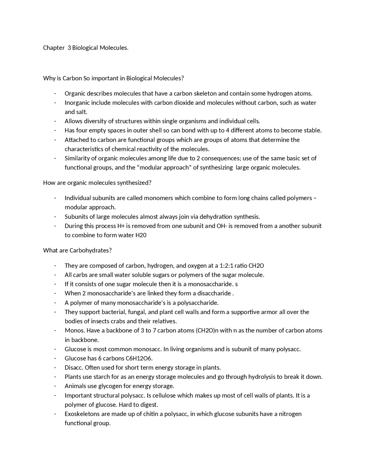 Biological Molecules Lecture Handout Biol 1005 Docsity