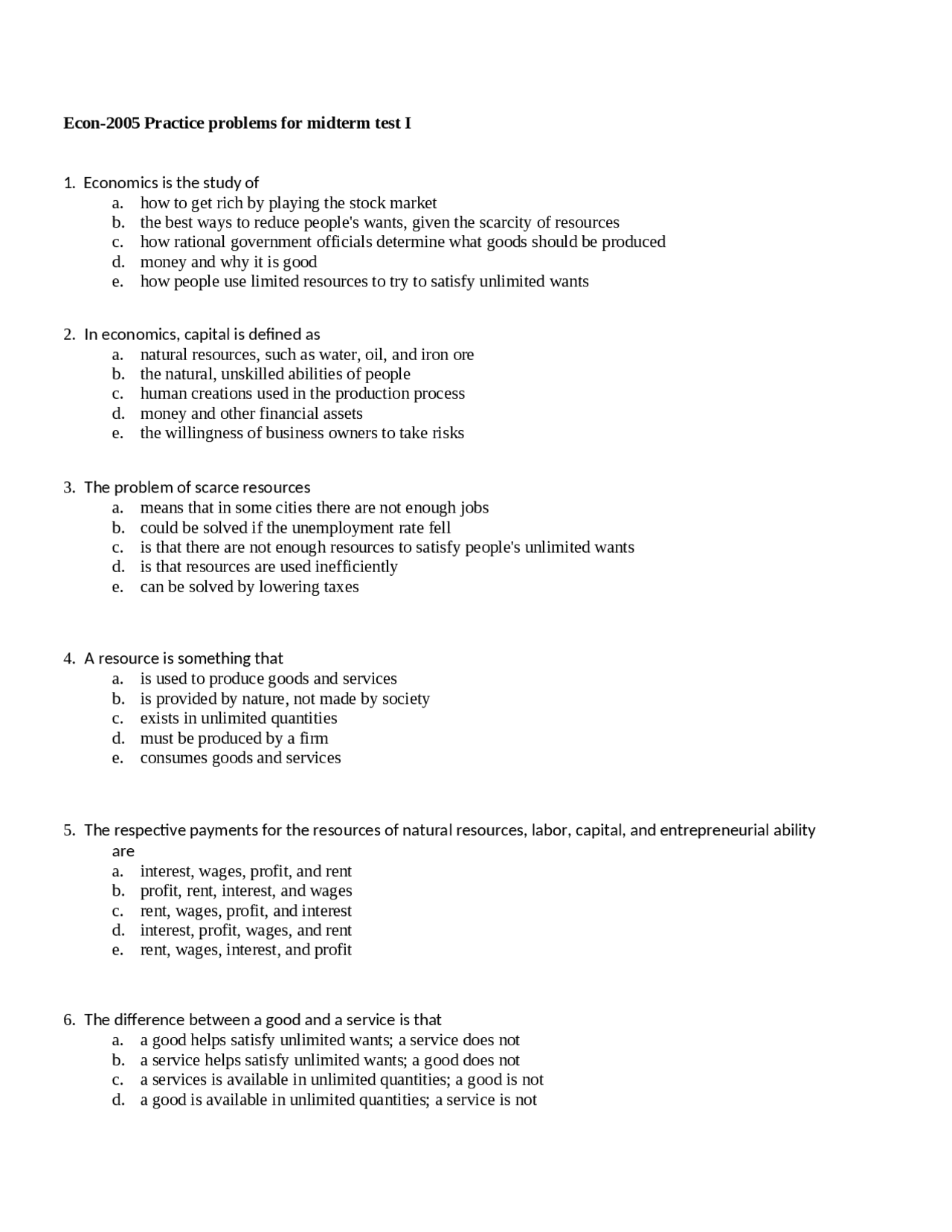 Practice Problems For Midterm Test 1 Principles Of Economics Econ