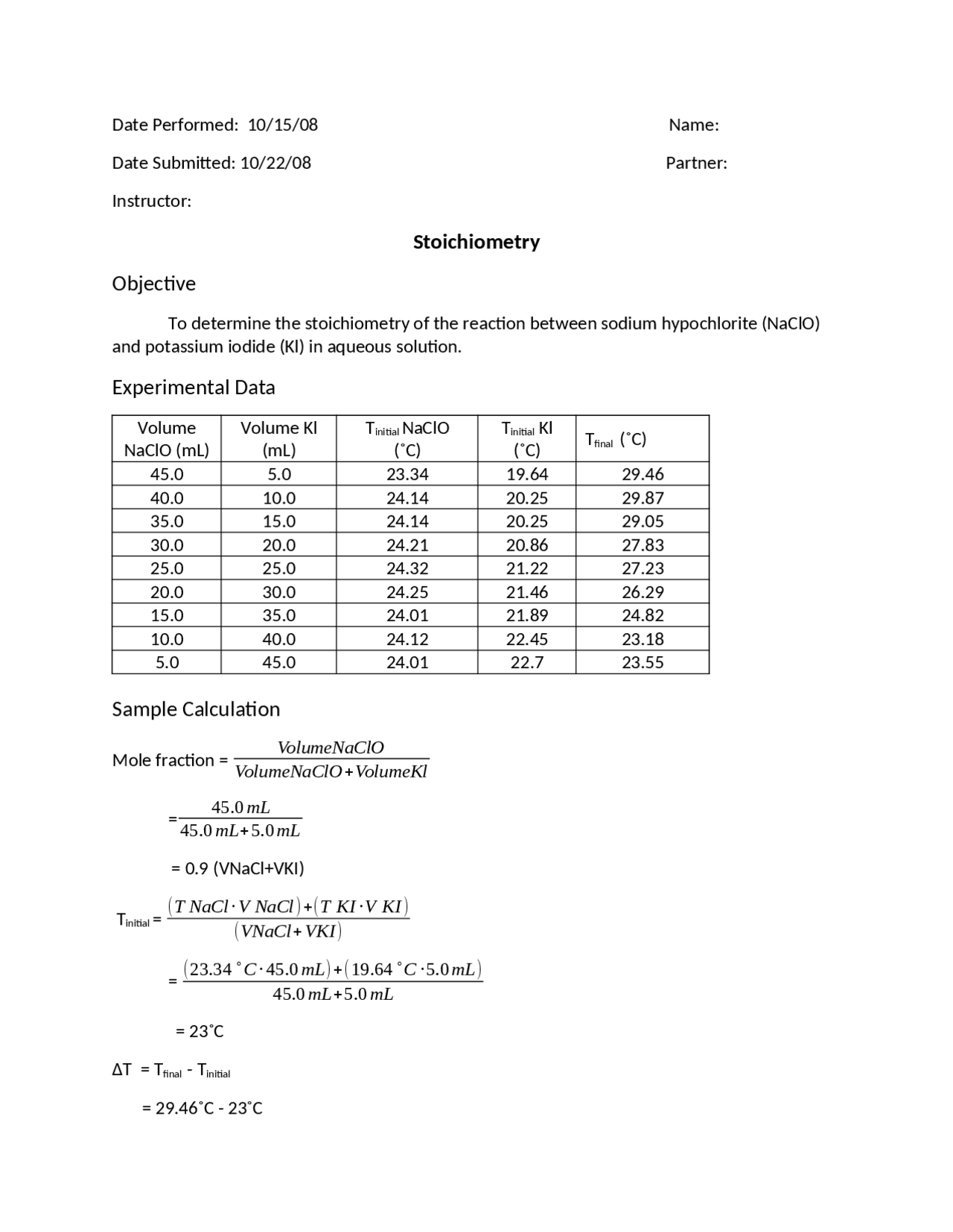 Stoichiometry Lab Worksheet for General Chemistry Lab | CHEM 1045 | Lab ...