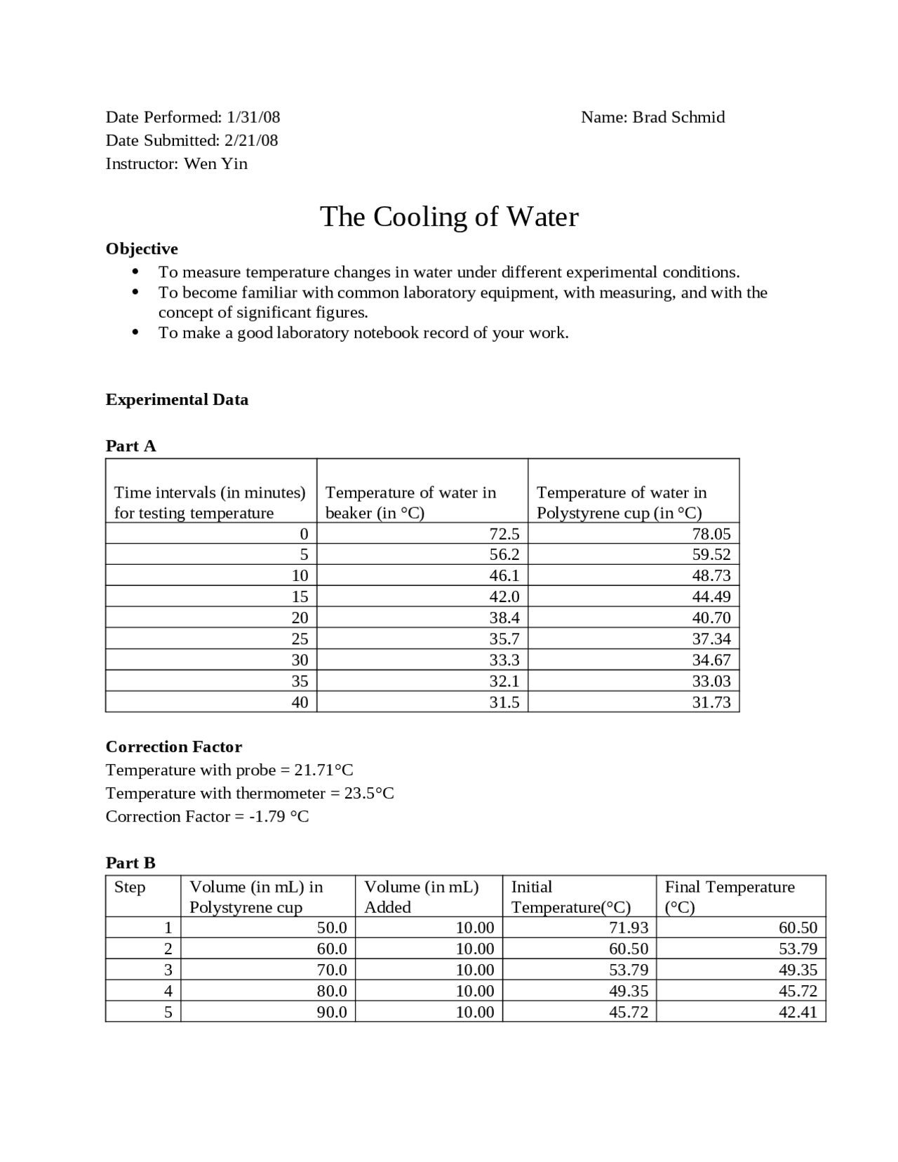 The Cooling of Water - Lab 1 - Fall 2008 | CHEM 1045 - Docsity