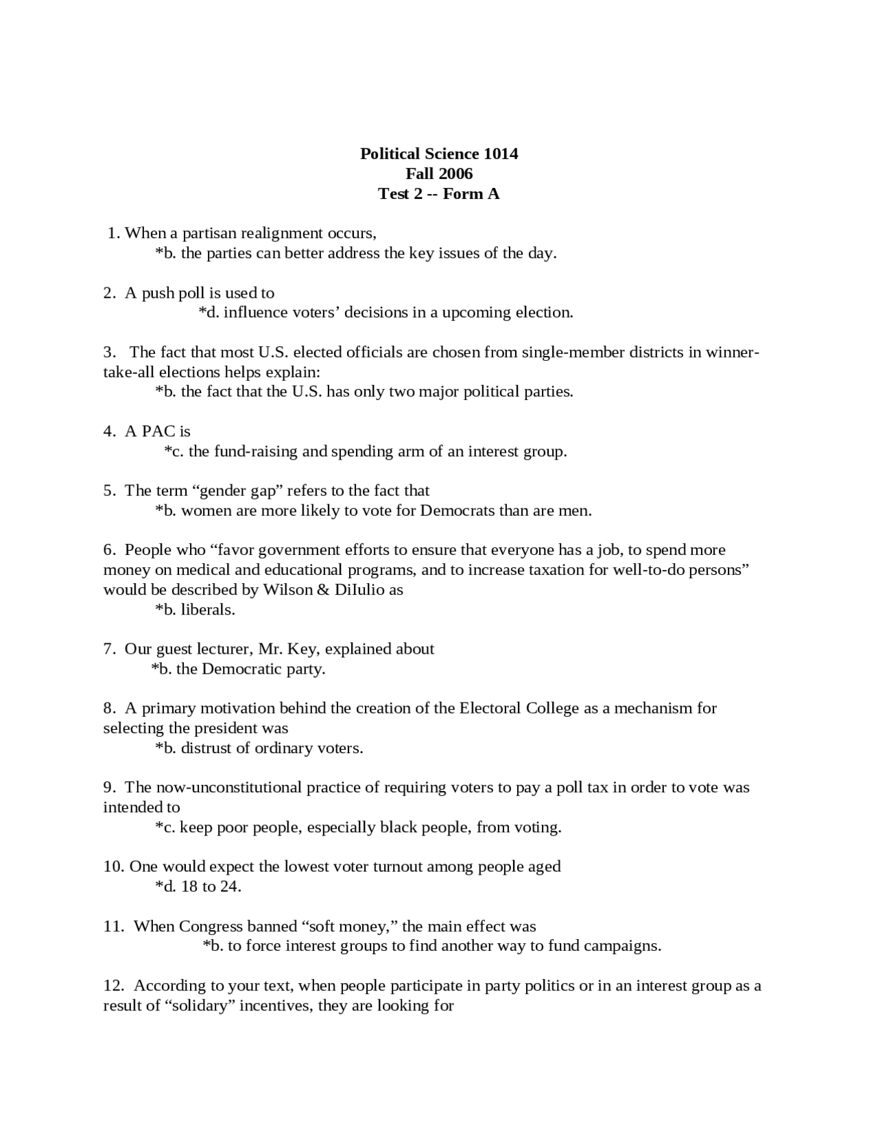 Test 2 Solved Political Science Fall 2006 Psci 1014 Exams