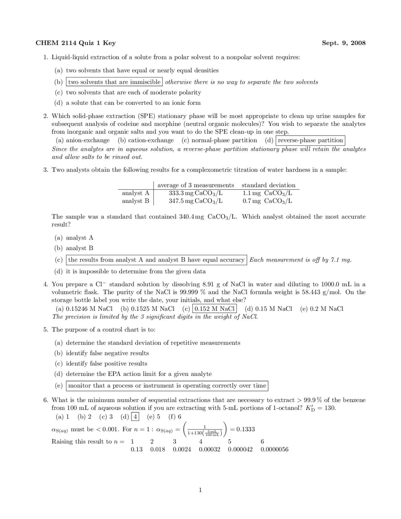 Quiz 1 Key Analytical Chemistry Chem 2114 Docsity