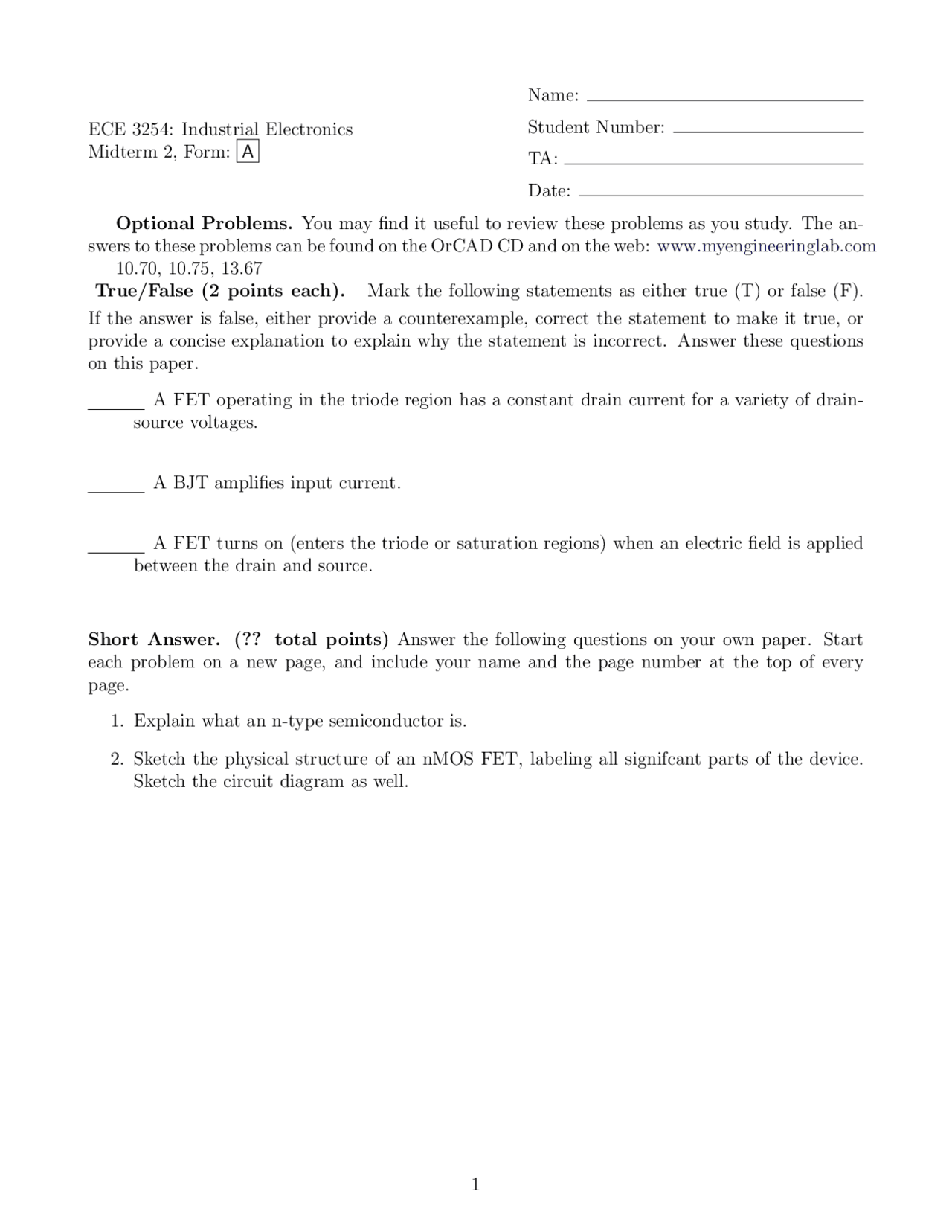Midterm Exam 2 Questions With Solutions Industrial Electronics Ece