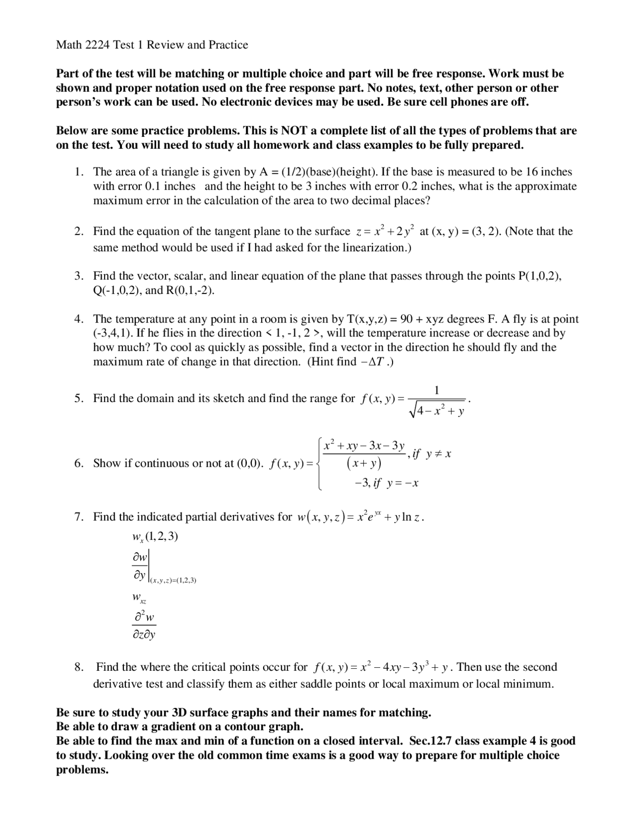 Review Sheet # 1 - Multivariable Calculus | MATH 2224 - Docsity
