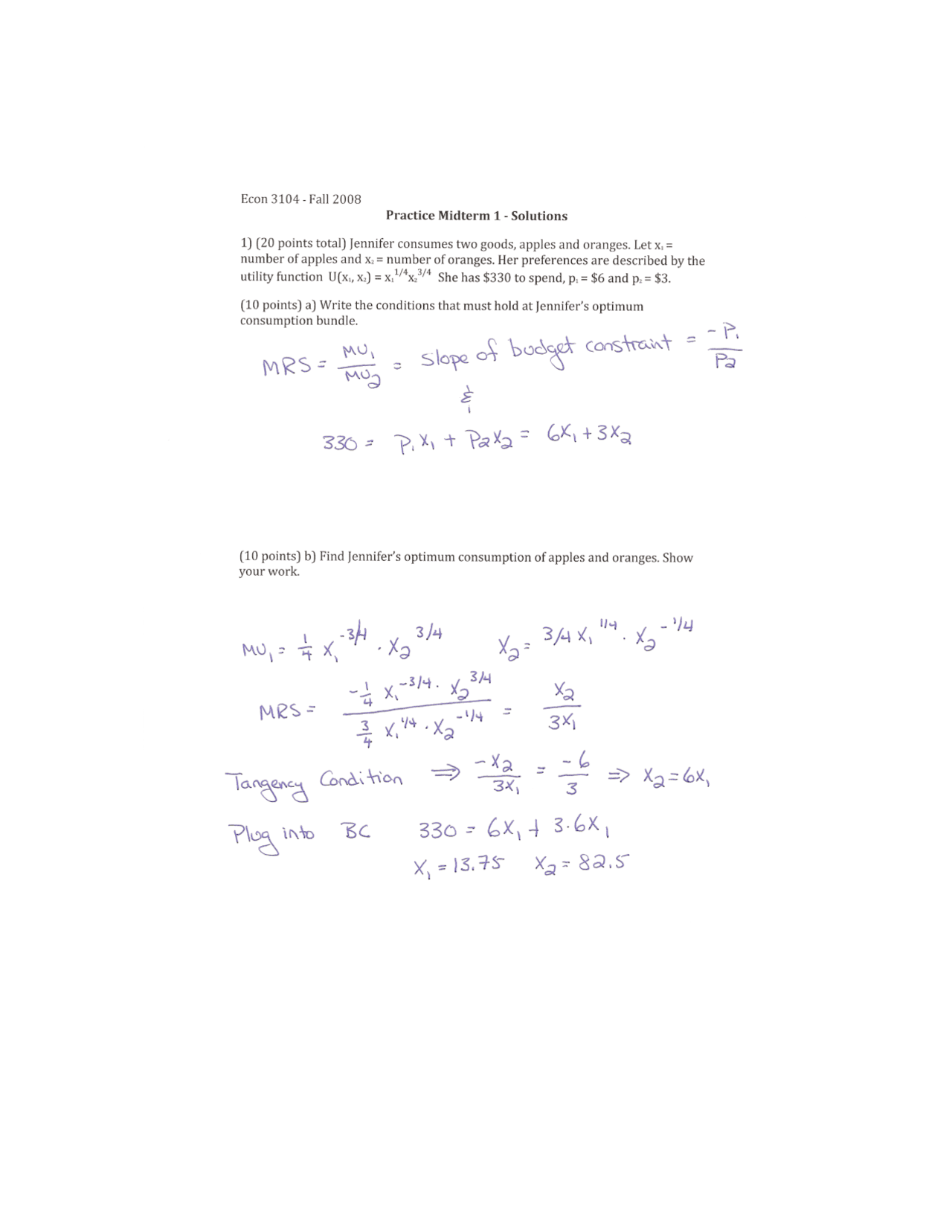 Practice Midterm Exam 1 With Solutions Microeconomic Theory Econ