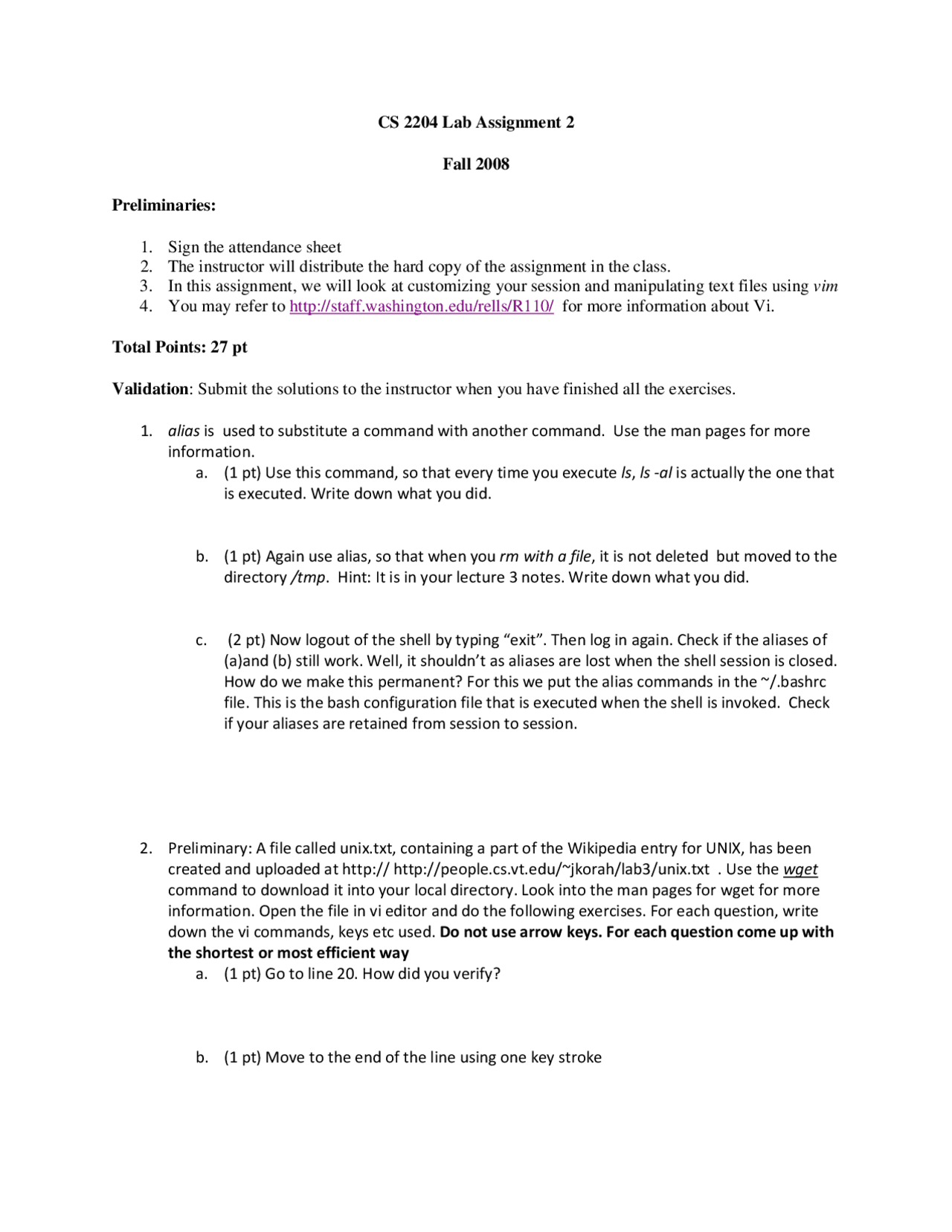 Laboratory Assignment 2 Unix Fall 2008 Cs 2204 Docsity