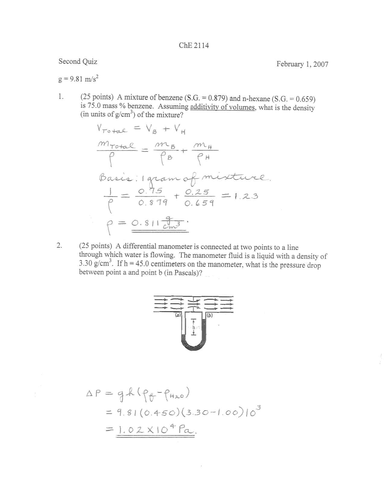 Quiz 2 Solutions Mass And Energy Balances Che 2114 Docsity