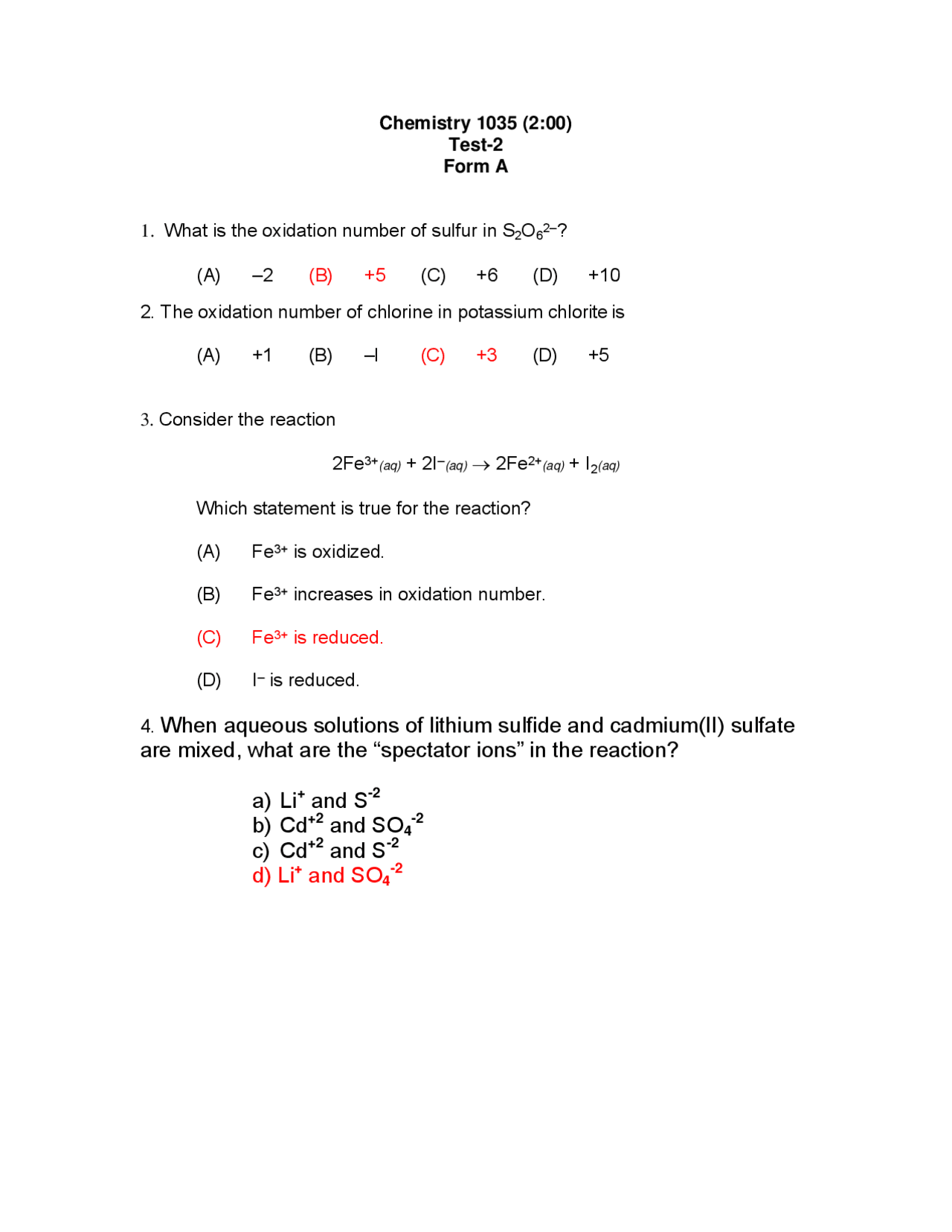 Answer Key For General Chemistry Exam 2 Chem 1035 Docsity