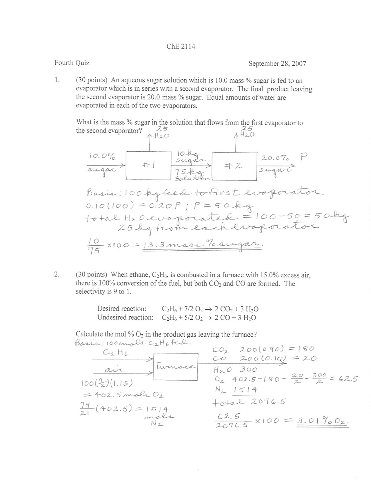 Mass And Energy Balances 4th Quiz With Solutions Che 2114 Docsity