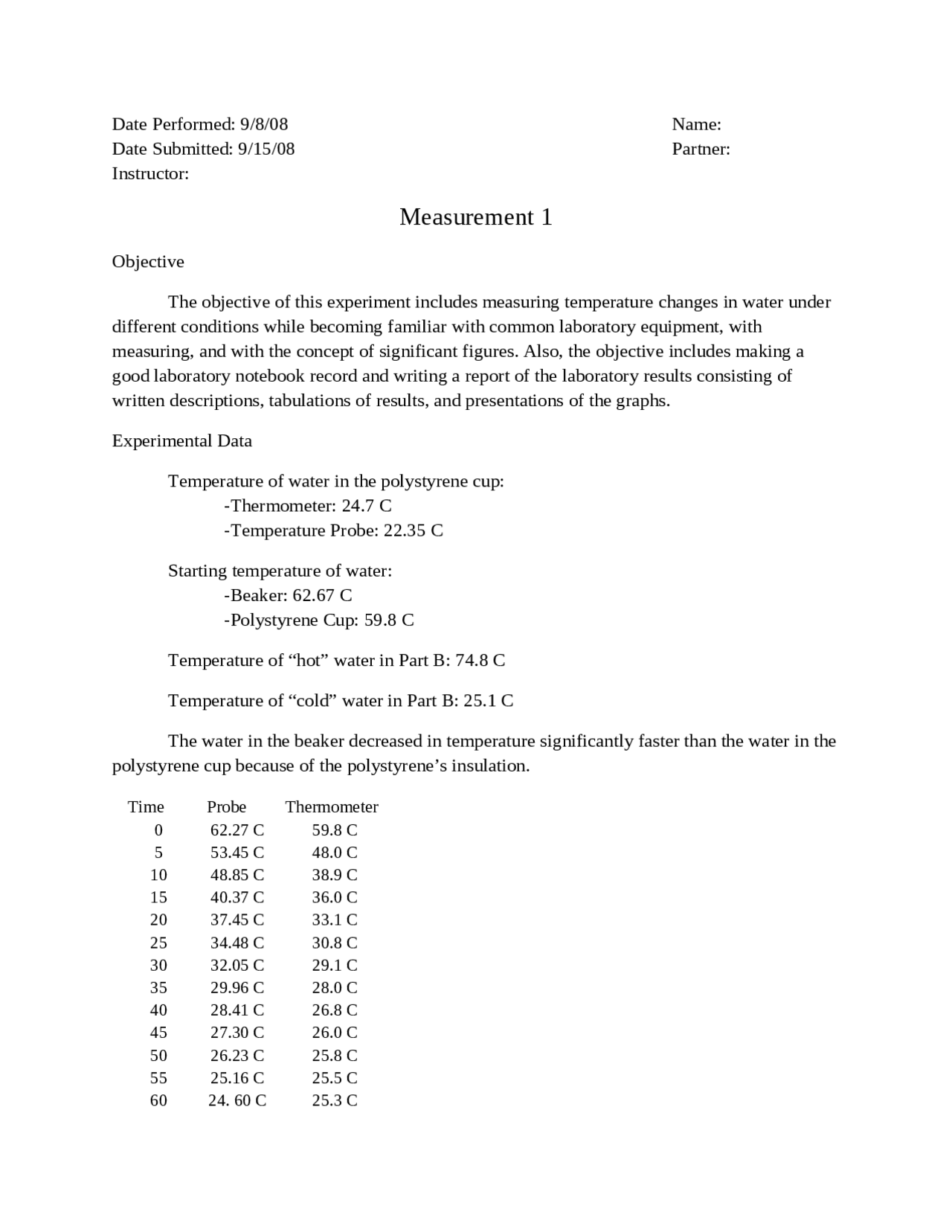 Measurement of Temperature Changes in Water - General Chemistry Lab ...