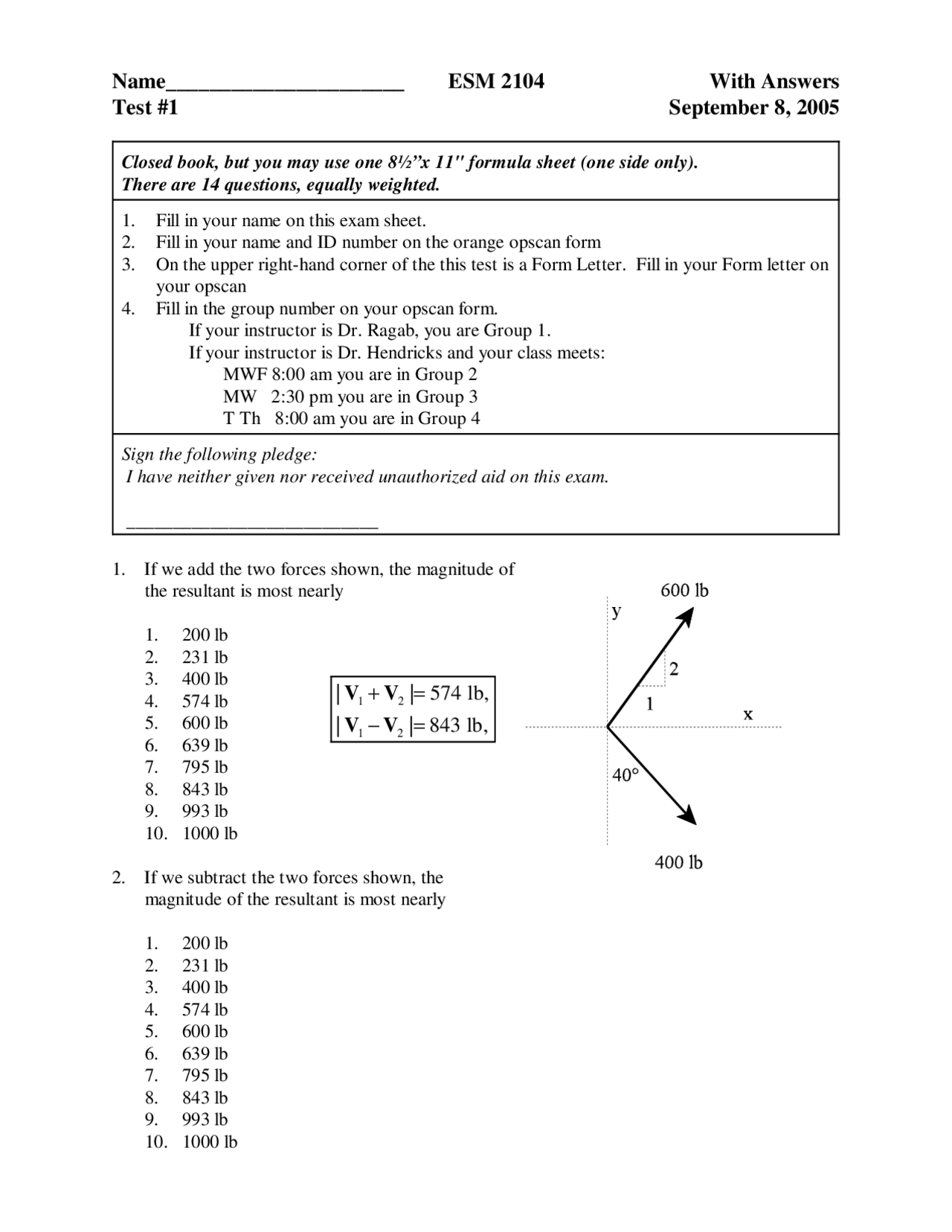 Test 1 With Answers Statics Fall 2005 Esm 2104 Docsity