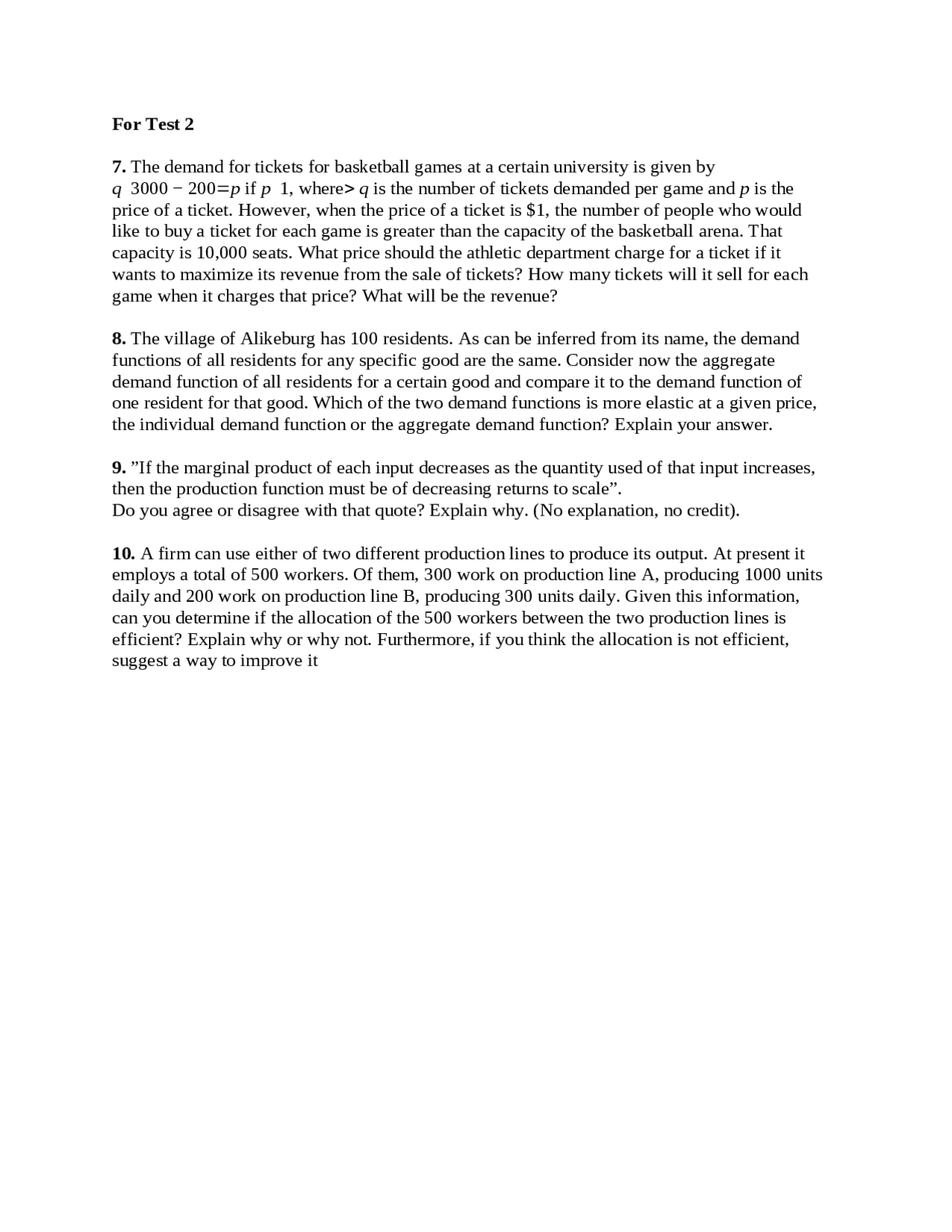 Problems For Practice For Test 2 Honors Principles Of Economics