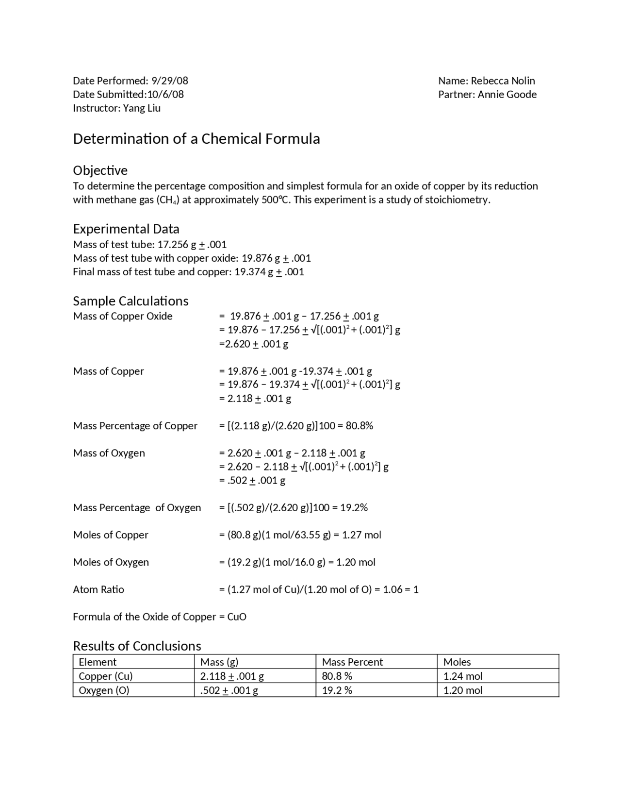 Determination of Chemical Formula - Experiment | CHEM 1045 - Docsity