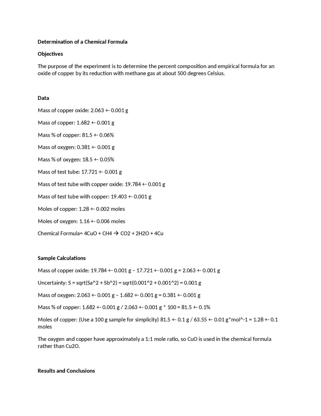 Determination of a Chemical Formula Lab Report, General Chemistry ...