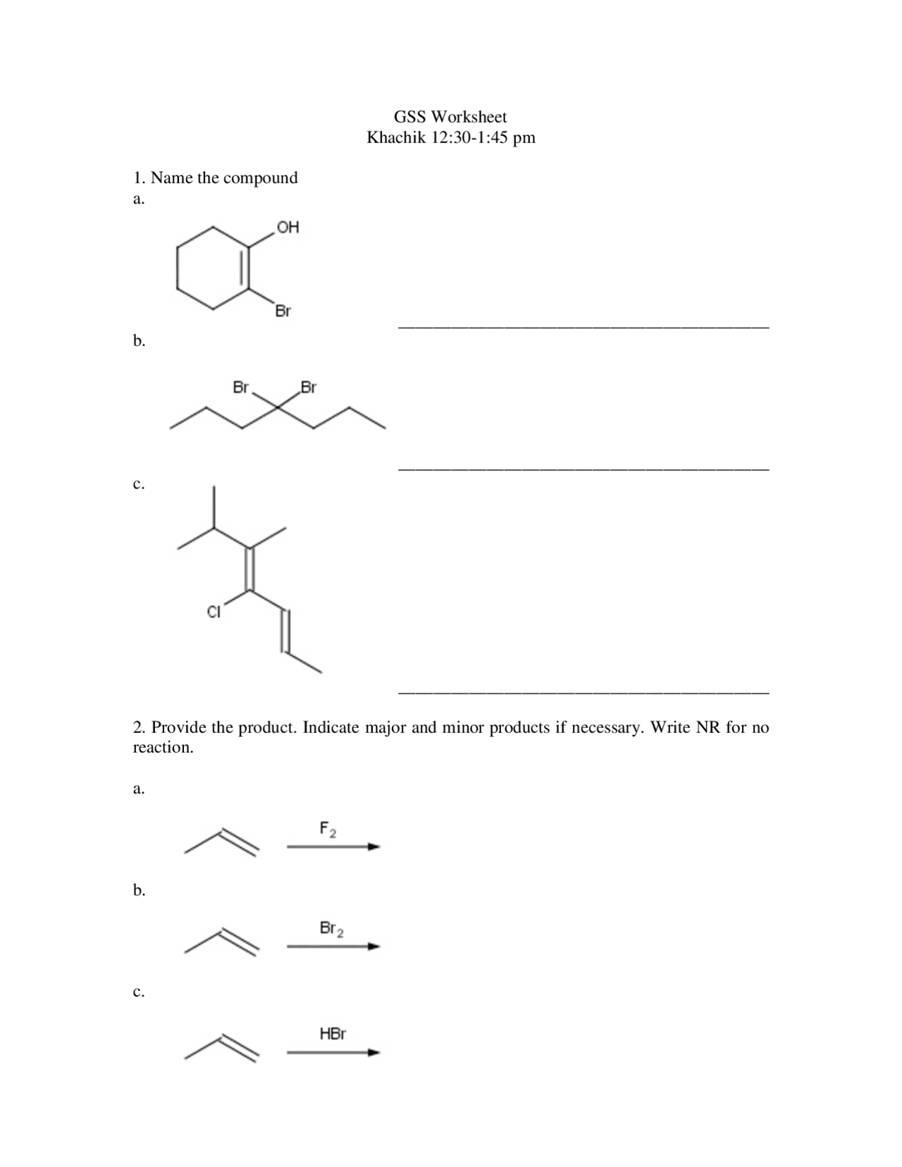 GSS Worksheet - Organic Chemistry I | CHEM 231 - Docsity