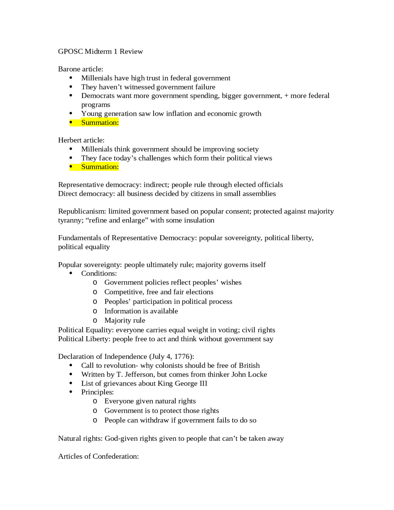 Midterm Exam 1 Review - U S Government | GPOSC 225 - Docsity