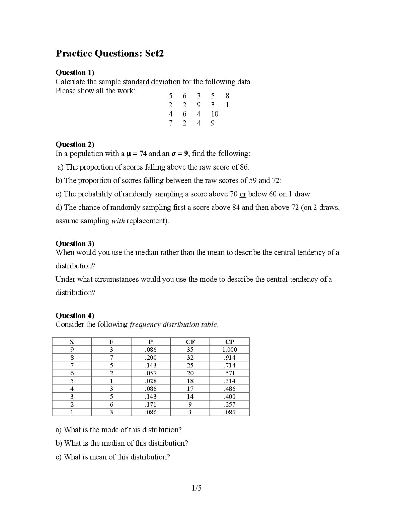 6 Questions On Median Mode And Mean Practice Exam 2 Psyc 200 Docsity