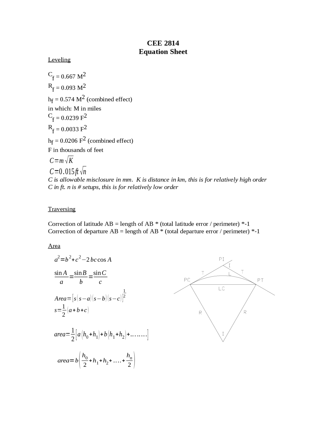 Equation Sheet for Leveling, Traversing, Area | CEE 2814 - Docsity