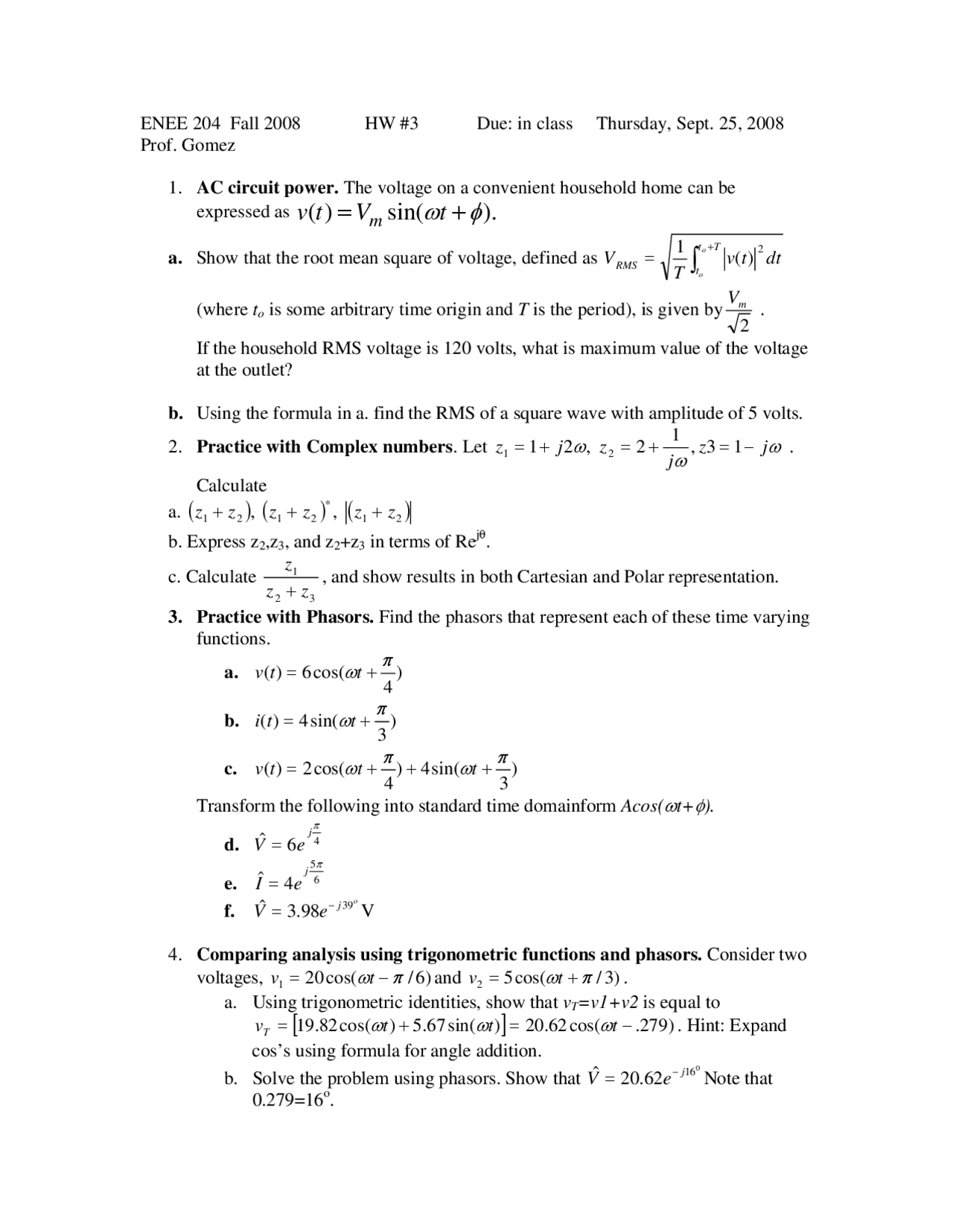 Ac Circuit Power Basic Circuit Theory Assignment 3 Enee 204 Docsity