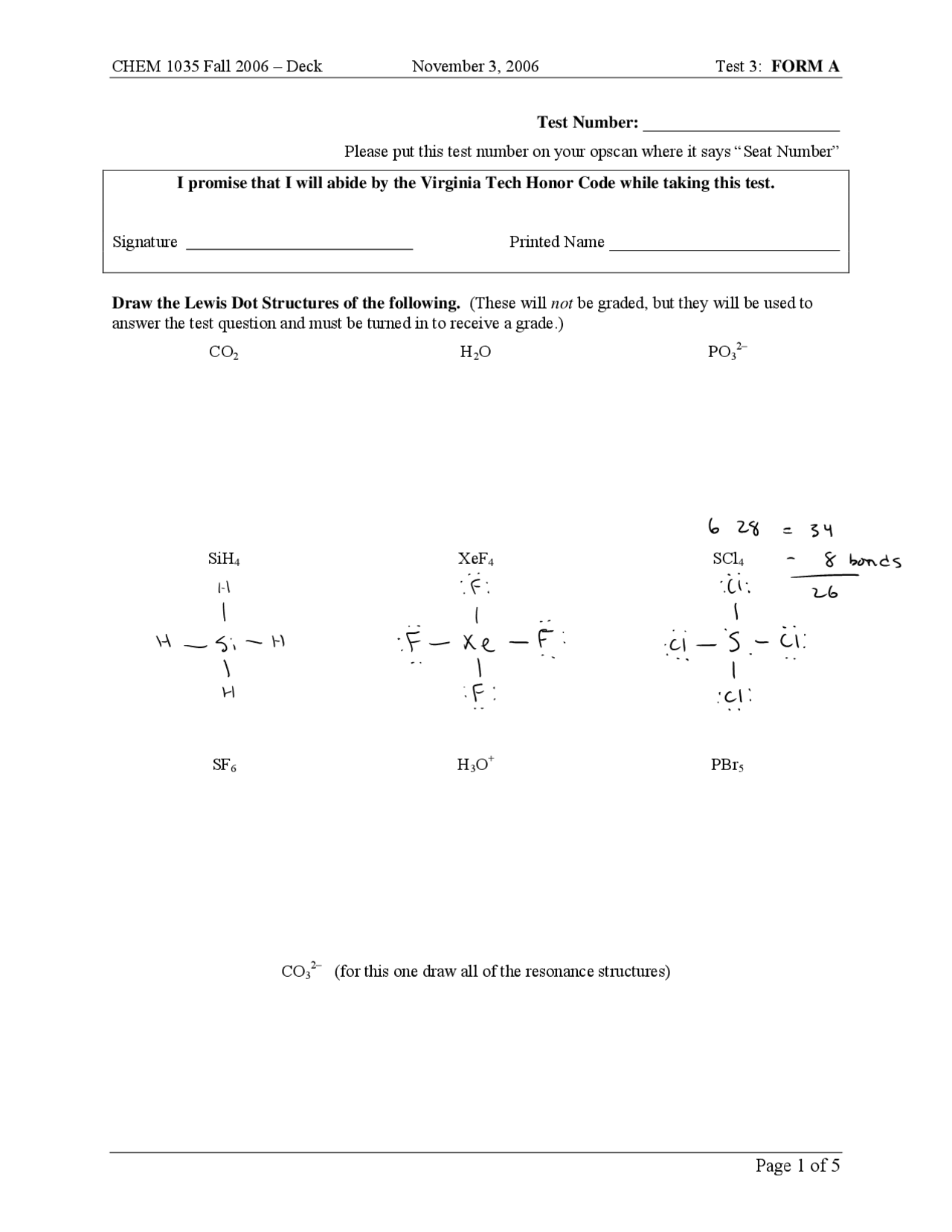 Test 3, Form A with Solution for General Chemistry | CHEM 1035 - Docsity