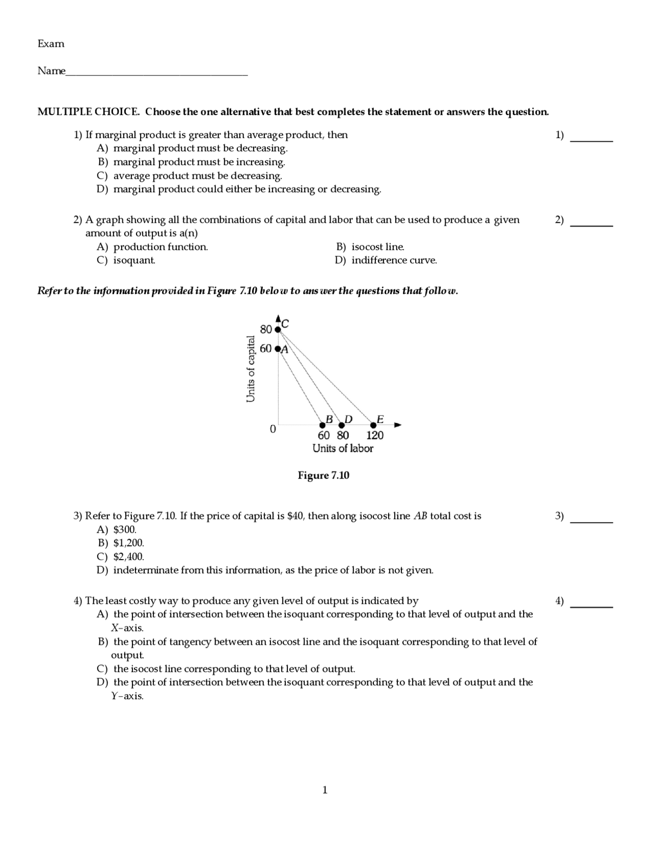 Multiple Choice Questions On Economics Exam Econ 2005 Docsity