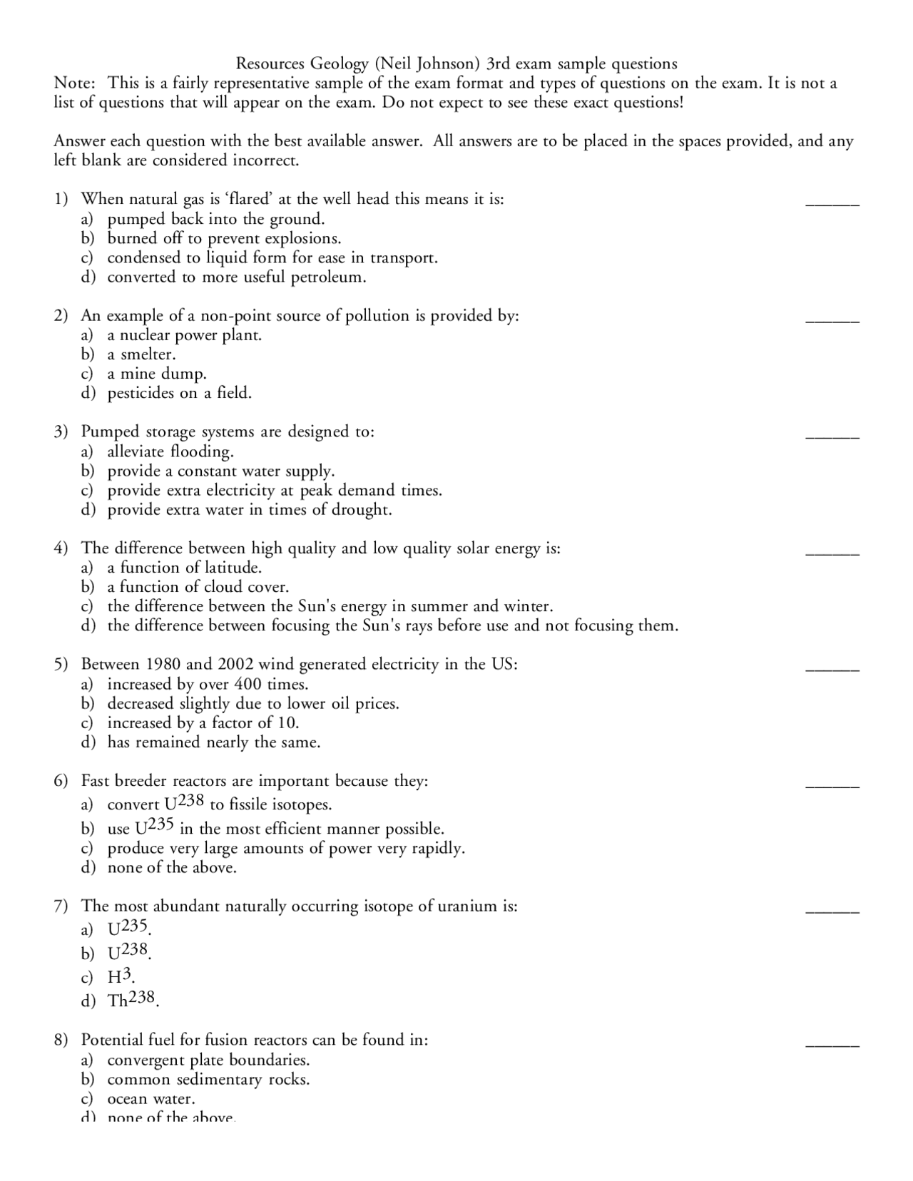 Third Exam Sample Questions On Resources Geology With Answers Geos