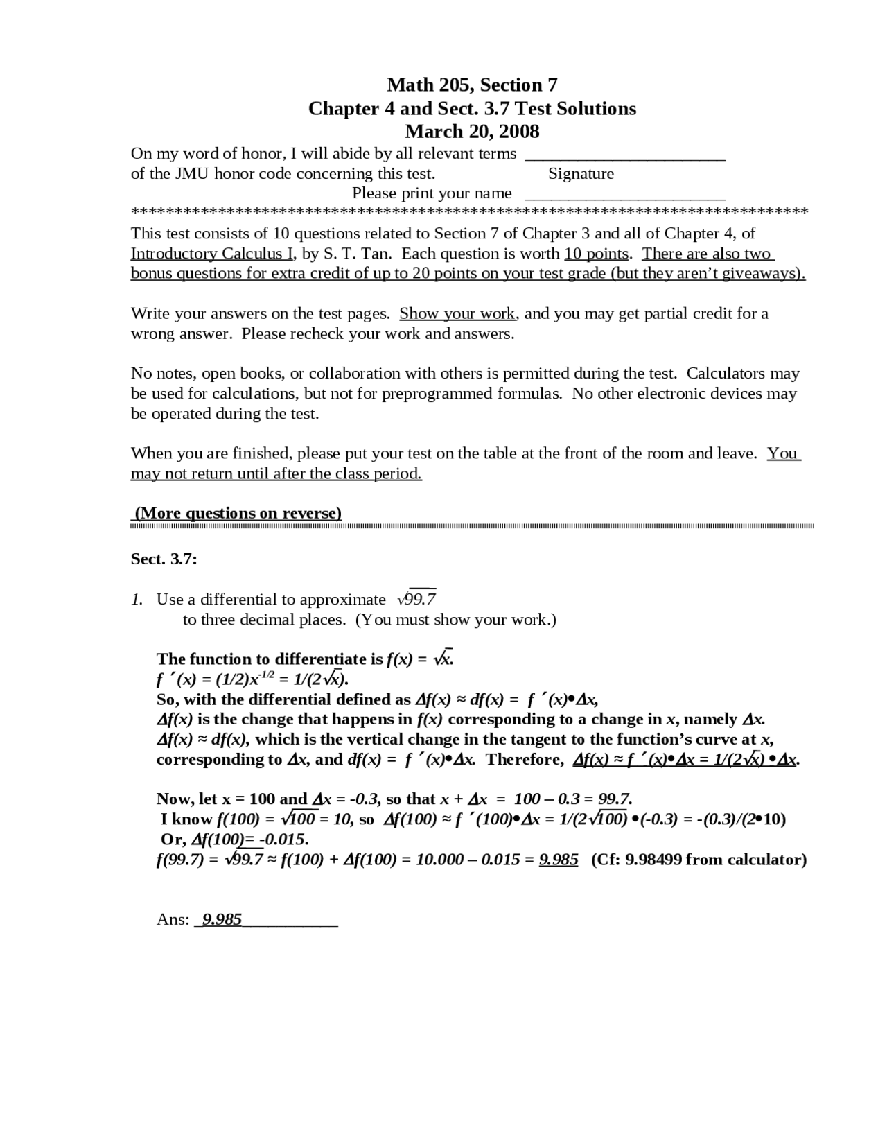 Solutions to Math 205, Section 7 Test: Chapter 4 and Section 3.7 - Prof ...