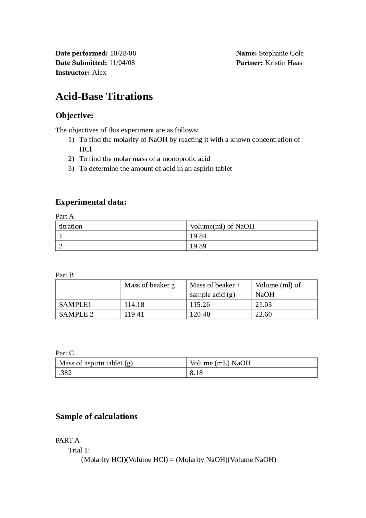 Acid Base Titrations | General Chemistry Lab | CHEM 1045 - Docsity