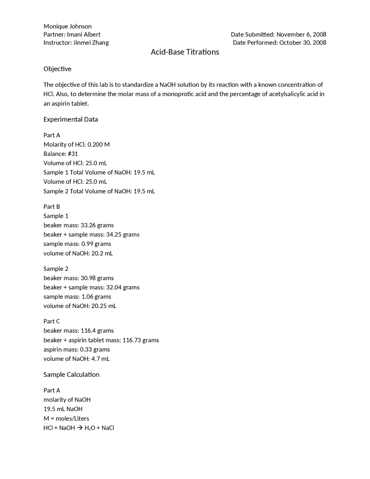 Acid-Base Titration for General Chemistry Lab 8, 2008 | CHEM 1045 - Docsity