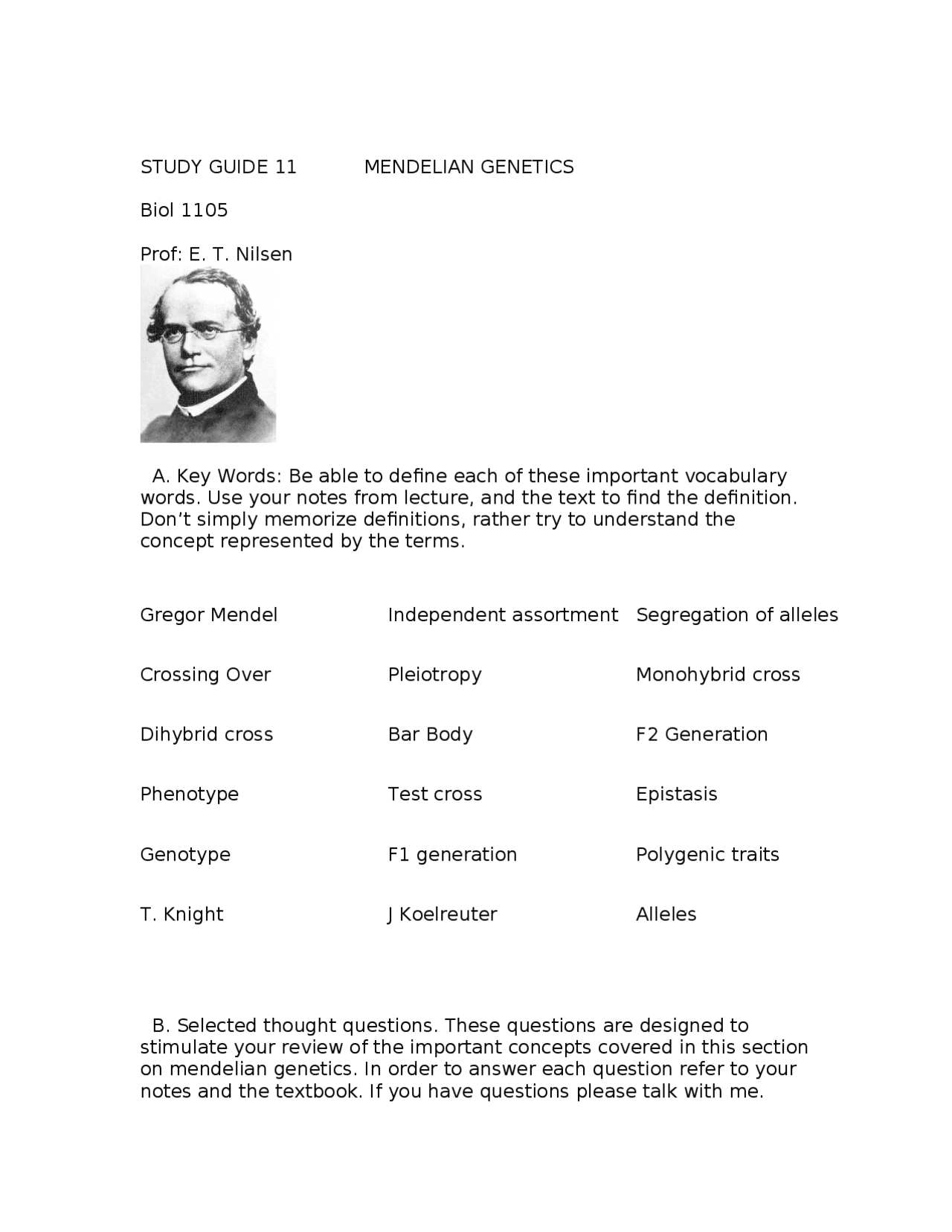 Study Guide II for Mendelian Genetics | BIOL 1105 - Docsity