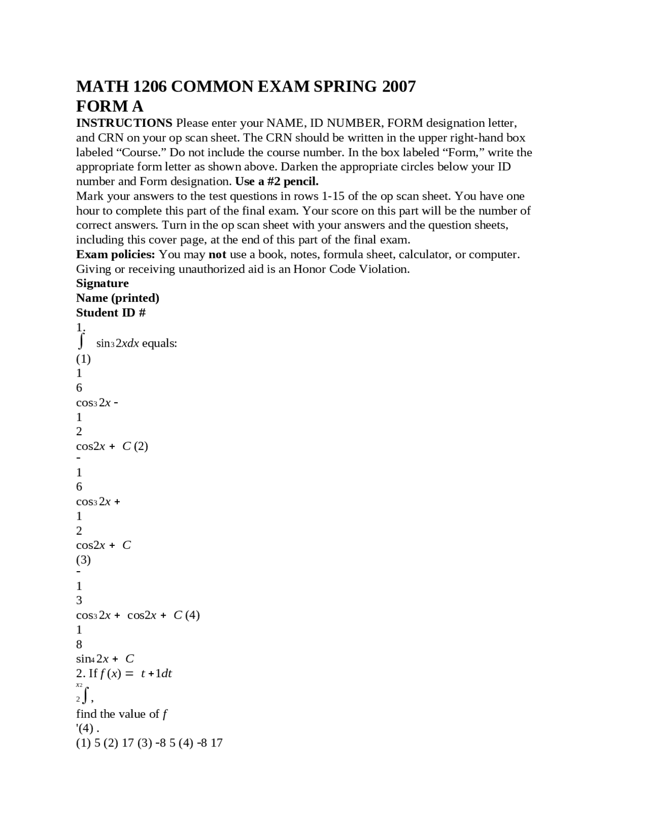 Common Exam Form A Calculus Spring 2007 Math 1206 Docsity