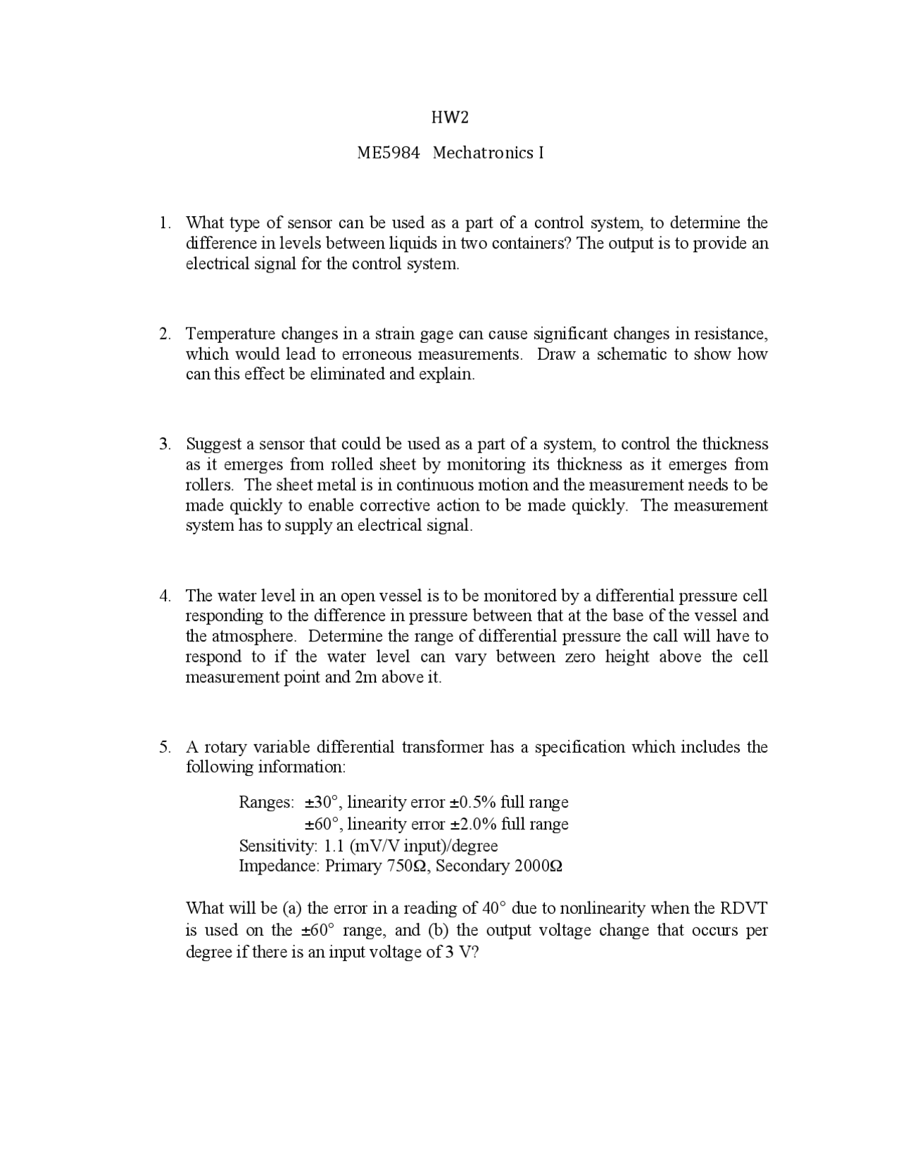 Solution For Homework 2 Questions Mechatronics I Me 4734