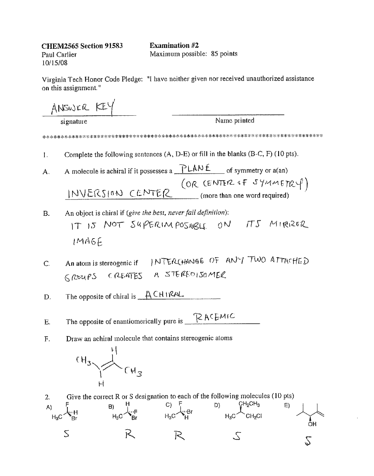 Exam 2 Answer Key - Organic Chemistry | CHEM 2535 - Docsity
