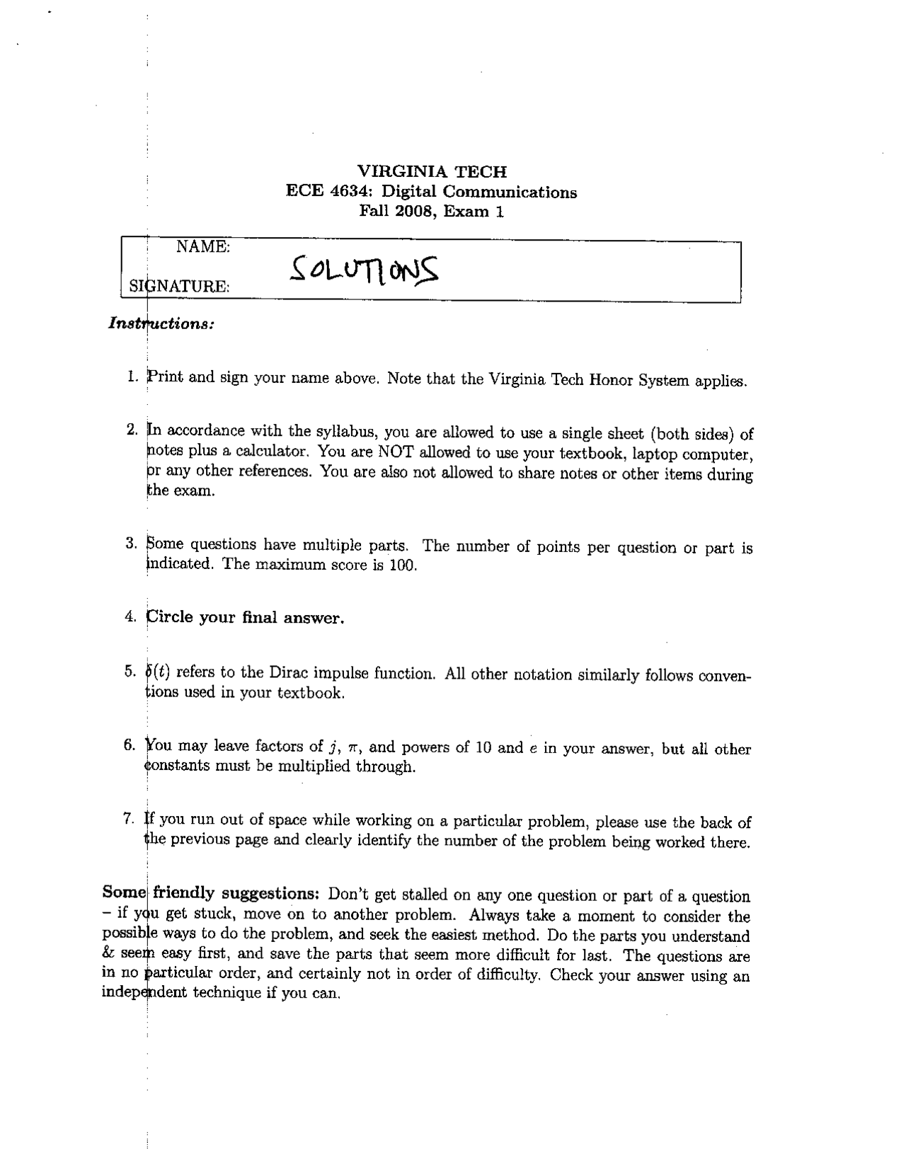 Digital Communications Exam 1 Solutions Ece 4634 Docsity