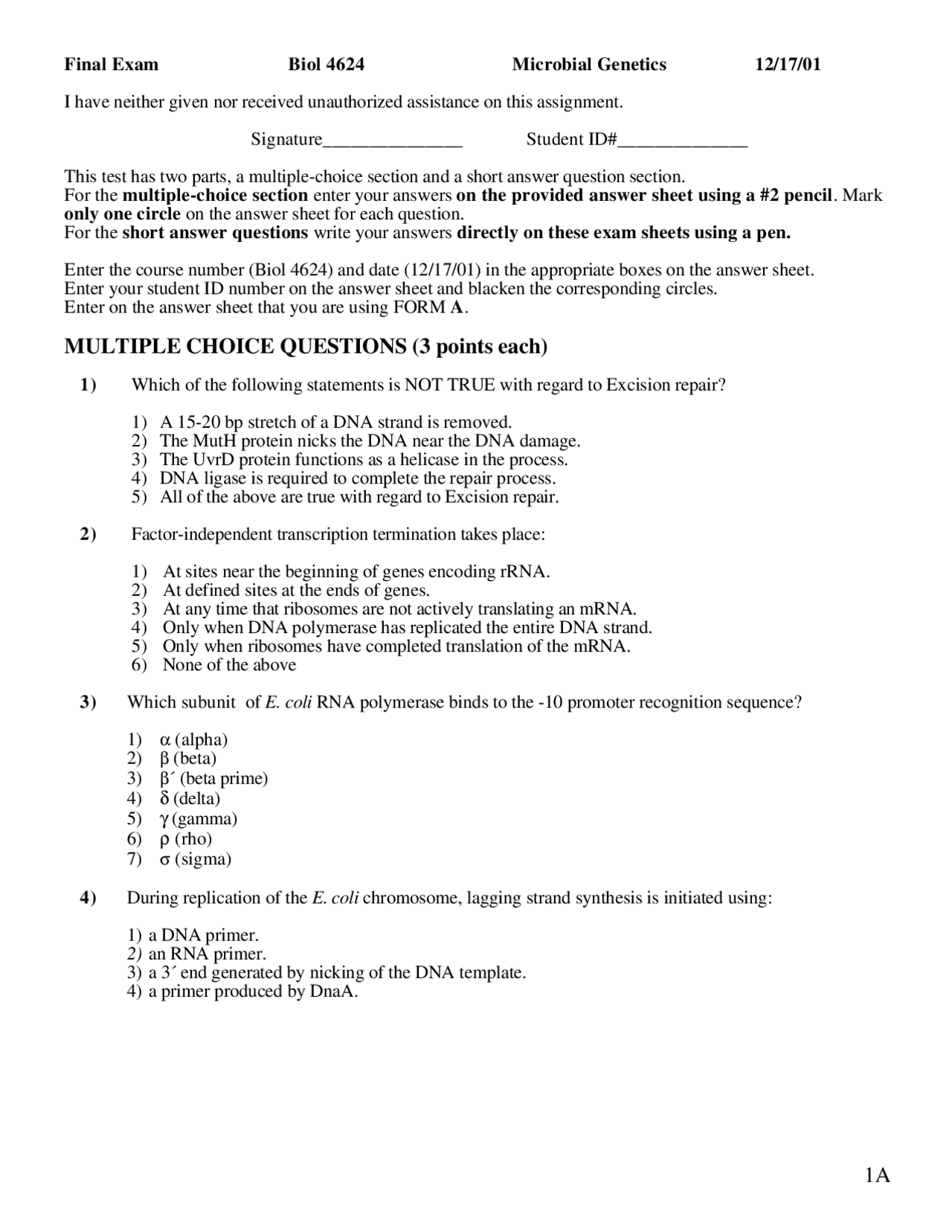 Final Exam For Microbial Genetics Fall 2001 Biol 4624 Docsity