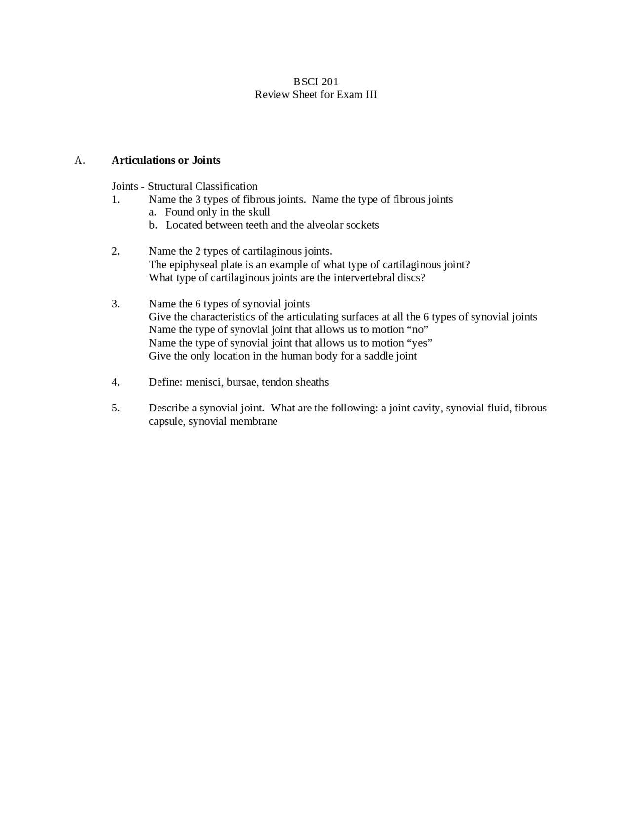Review Sheet For Exam Ii Articulations And Joints Bsci 201 Docsity