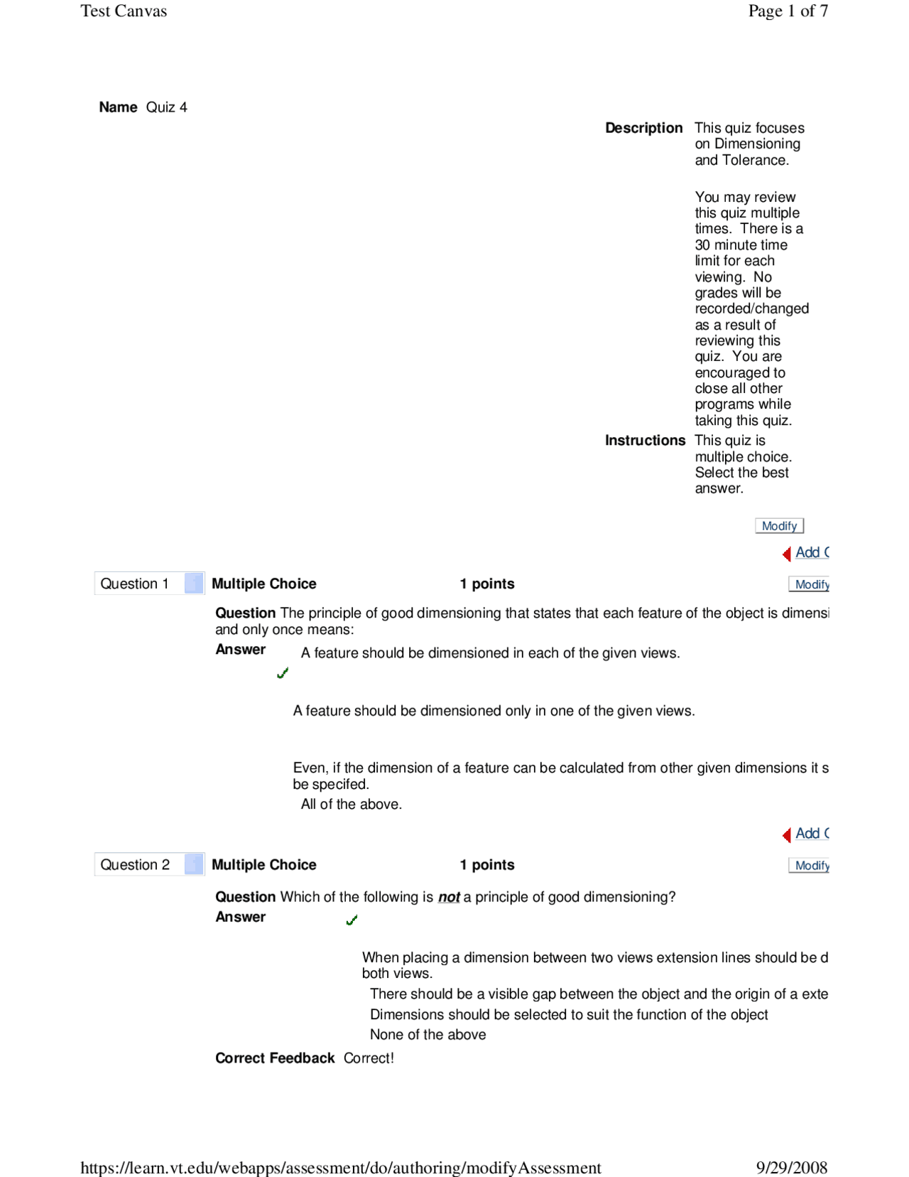 Dimensioning And Tolerance Quiz 4 With Answer Key Enge 1114 Docsity